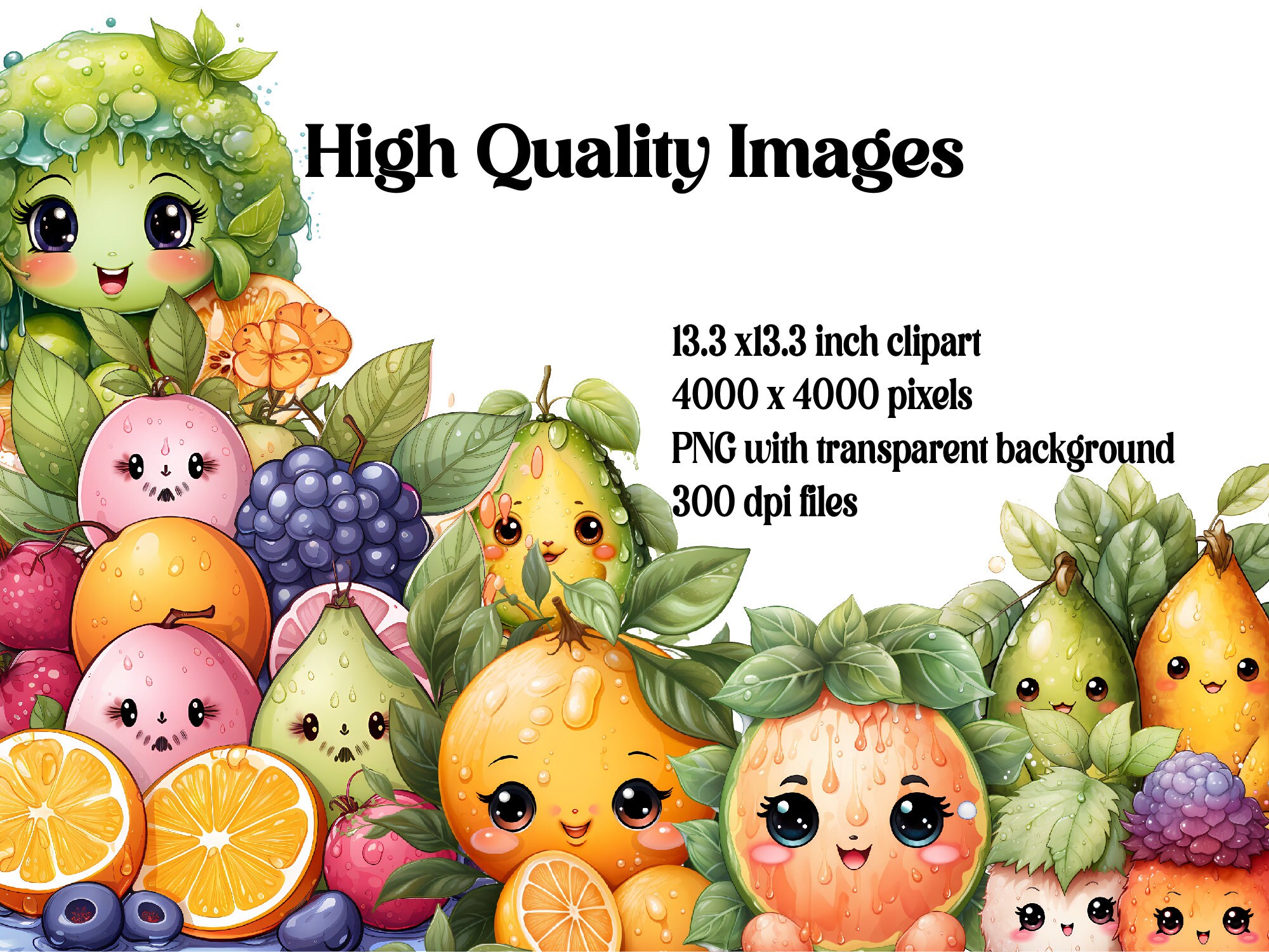Kawaii Fruits Clipart Bundle 92 Kawaii Watercolor Pngs Digital Download ...