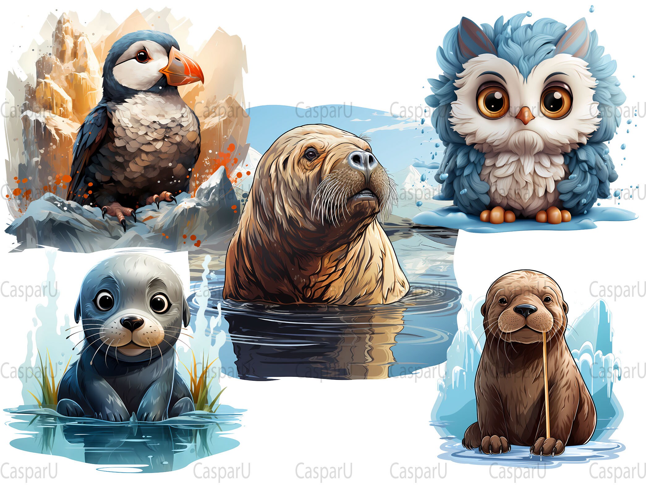 Cute Arctic Animals Clipart Big Bundle 34 Animal Watercolor Pngs ...