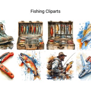 Fishing Clipart Bundle - 64 Watercolor Hobby and Craft Pngs - Digital ...