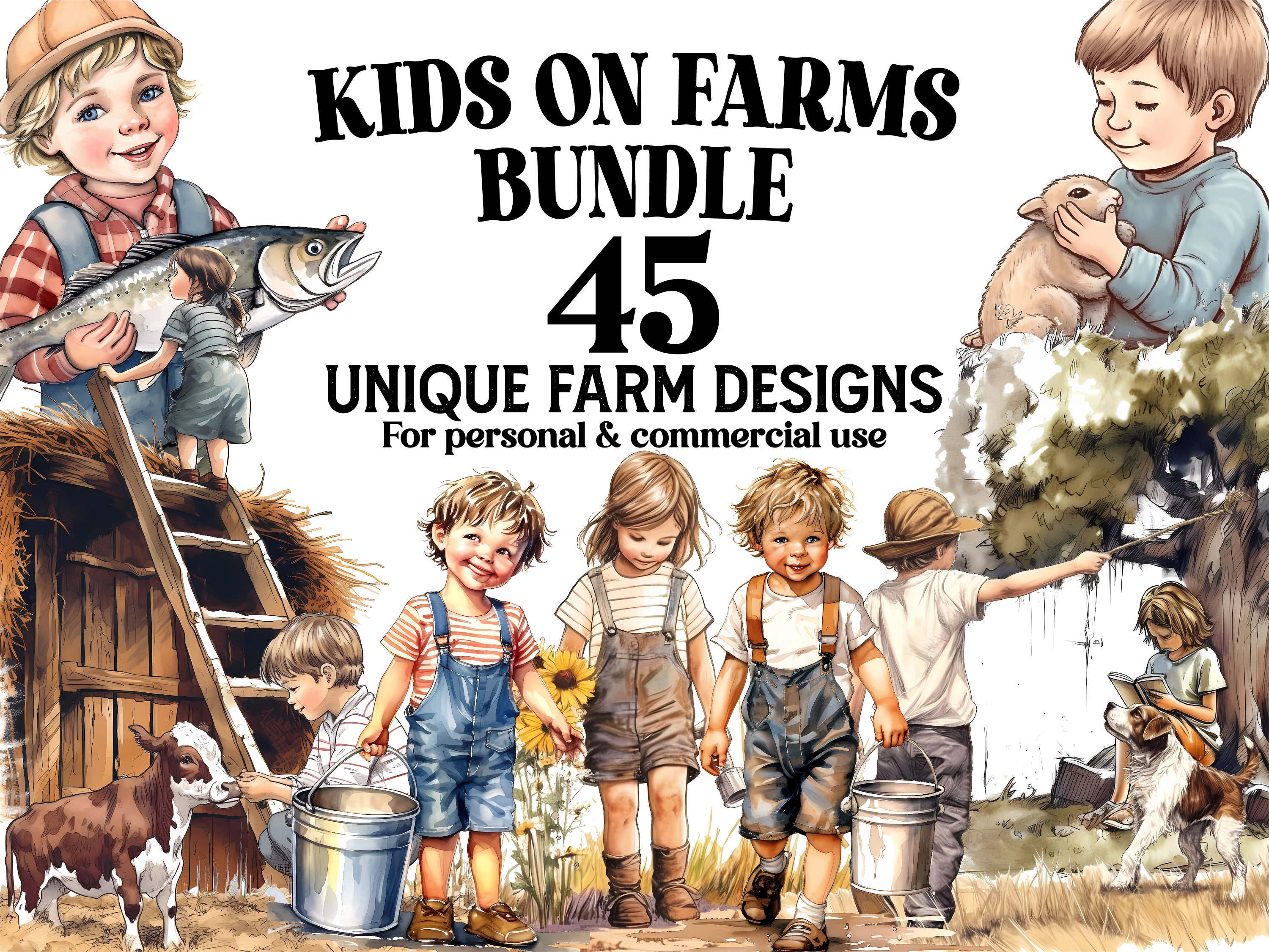 Kids on Farms Clipart Big Bundle 45 Farmer Kids Pngs Digital Download ...