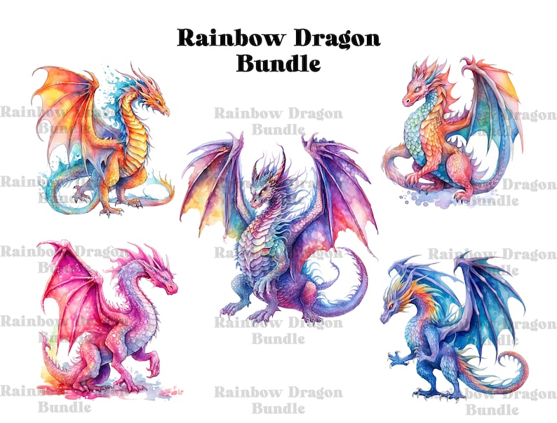Rainbow Dragon Clipart Bundle - 35 Rainbow Dragons Pngs With ...