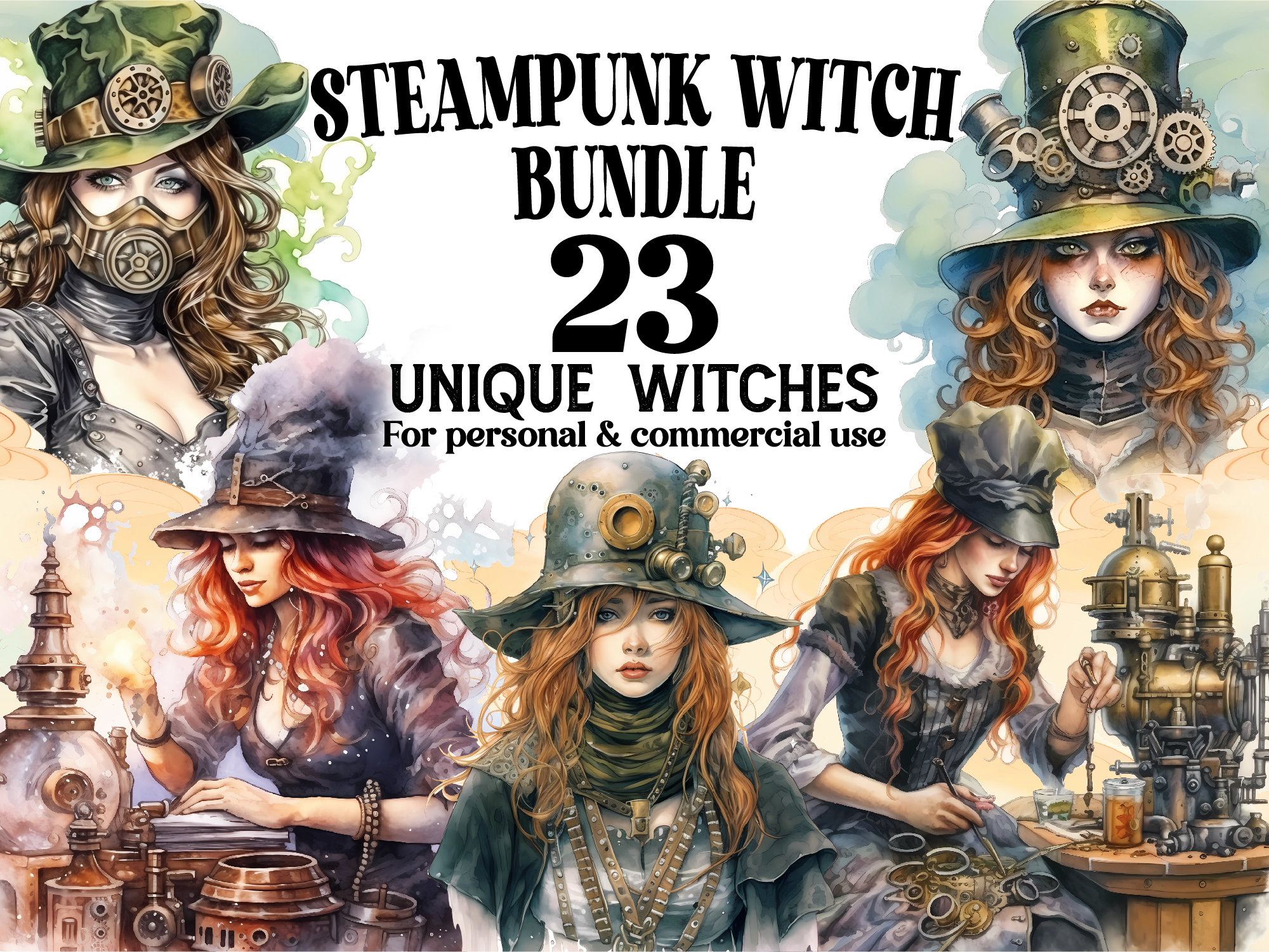 23 Steampunk Witch Clipart Bundle Steampunk Witches Watercolor PNG Clip ...