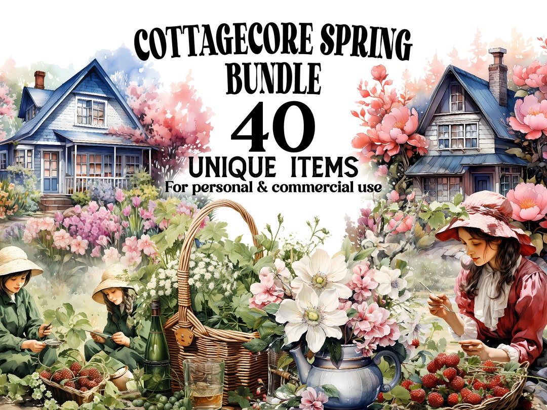 Cottagecore Spring Clipart Bundle - 40 Watercolor Pngs - Digital ...