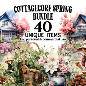 Cottagecore Spring Clipart Bundle - 40 Watercolor Pngs - Digital ...