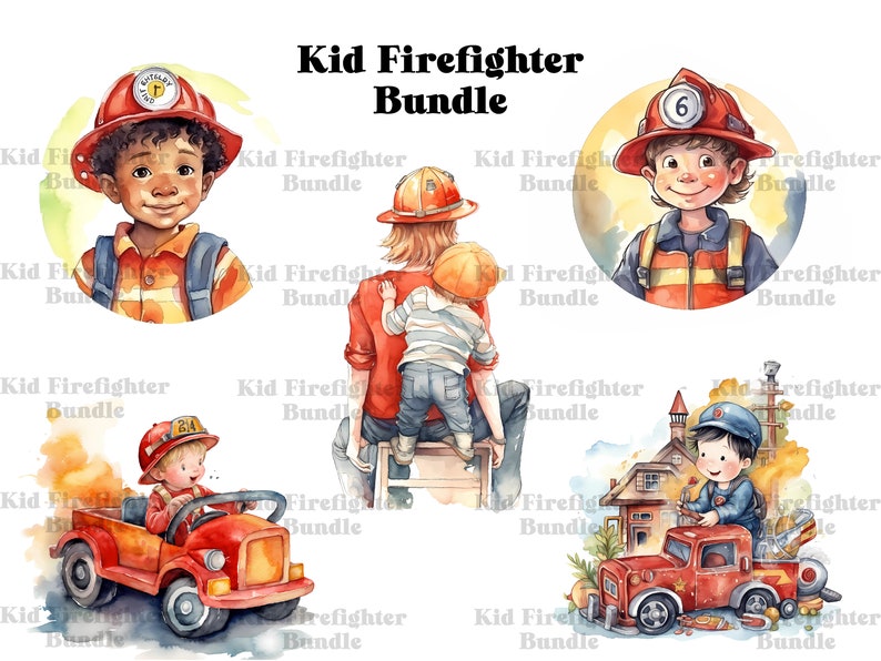 Kid Firefighter Clipart Bundle 21 Watercolor Junior Fire Rescue Pngs ...