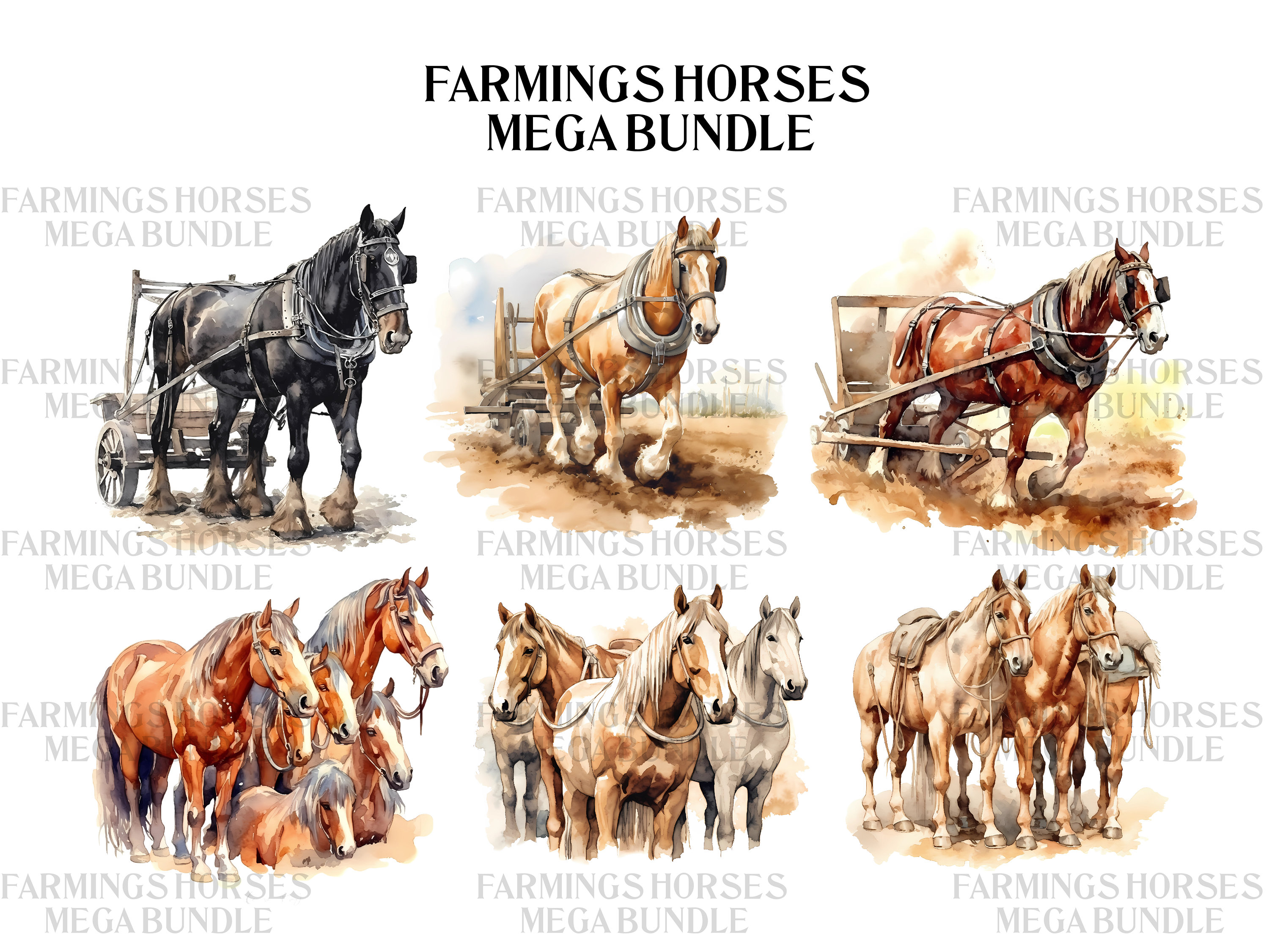 Farming Horse Clipart Bundle - 44 Farming Horses Pngs - Digital ...