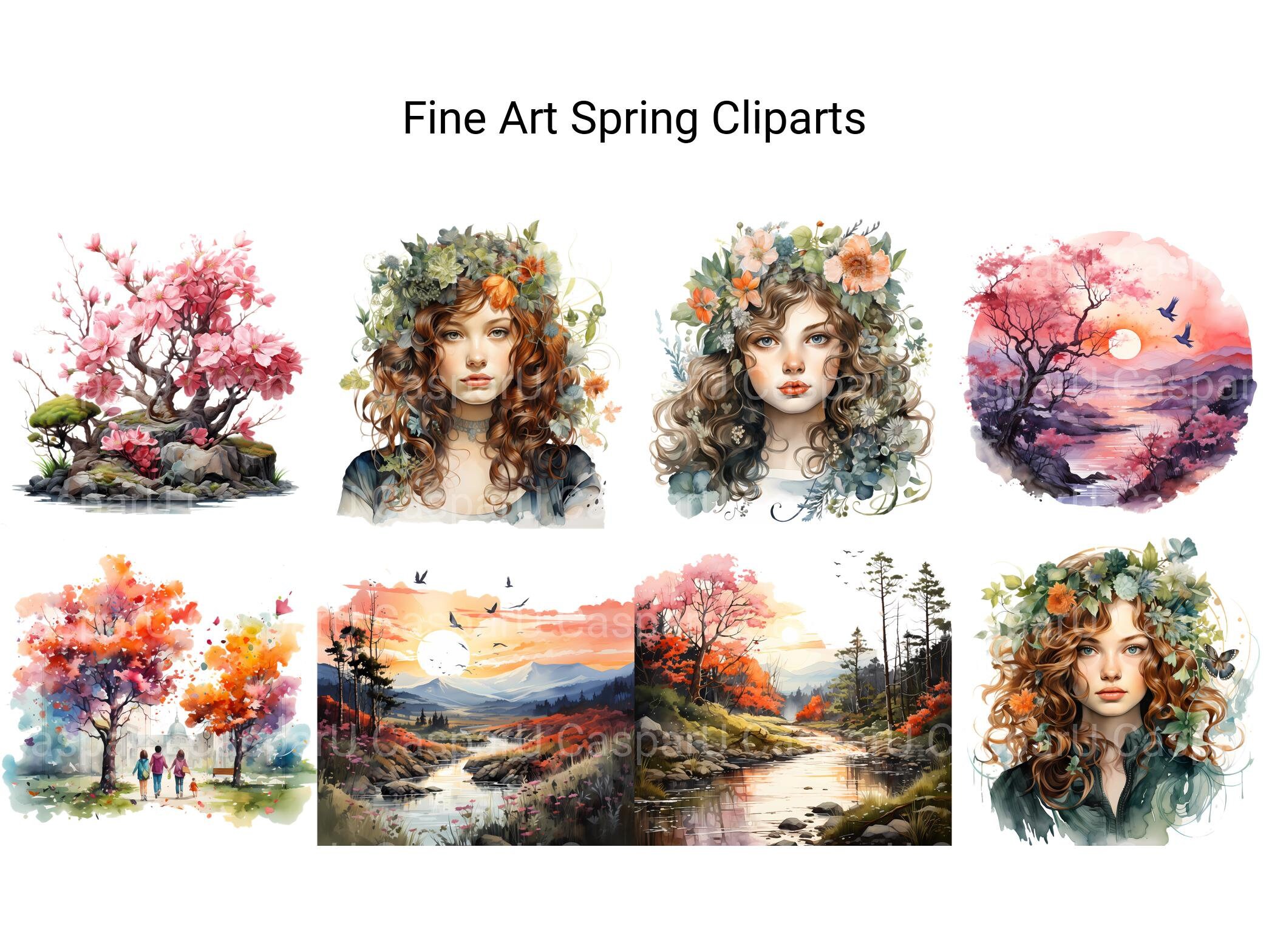 Fine Art Spring Clipart Bundle - 58 Watercolor Pngs - Digital Drawings ...