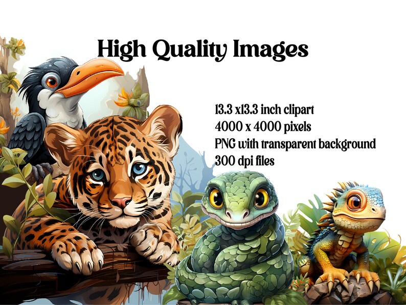 Cute Jungle Clipart Big Bundle 48 Animal Watercolor Pngs Digital ...