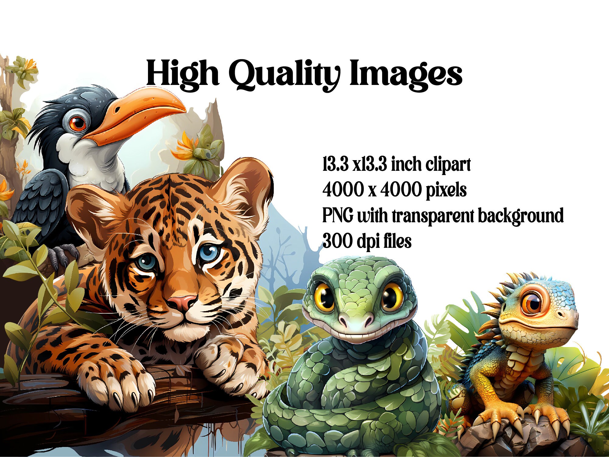 Cute Jungle Clipart Big Bundle 48 Animal Watercolor Pngs Digital ...