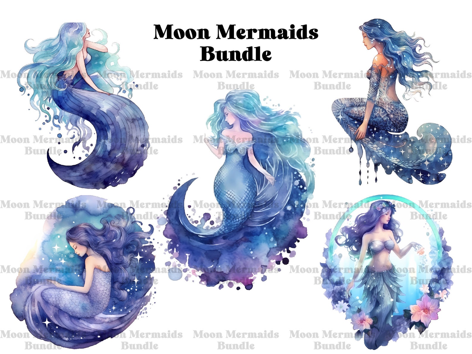 Moon Mermaid Clipart Bundle - 28 Moon Mermaids as Watercolor Pngs ...