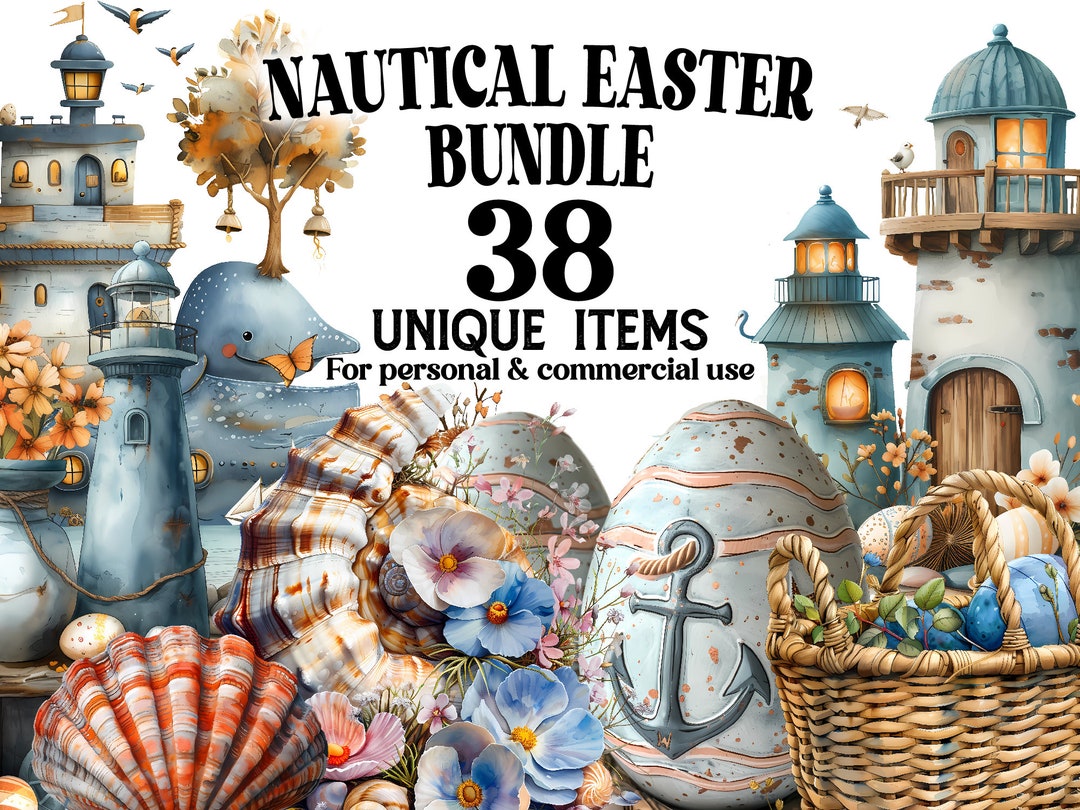 Nautical Easter Clipart Bundle - 38 Watercolor Easter Pngs - Digital ...