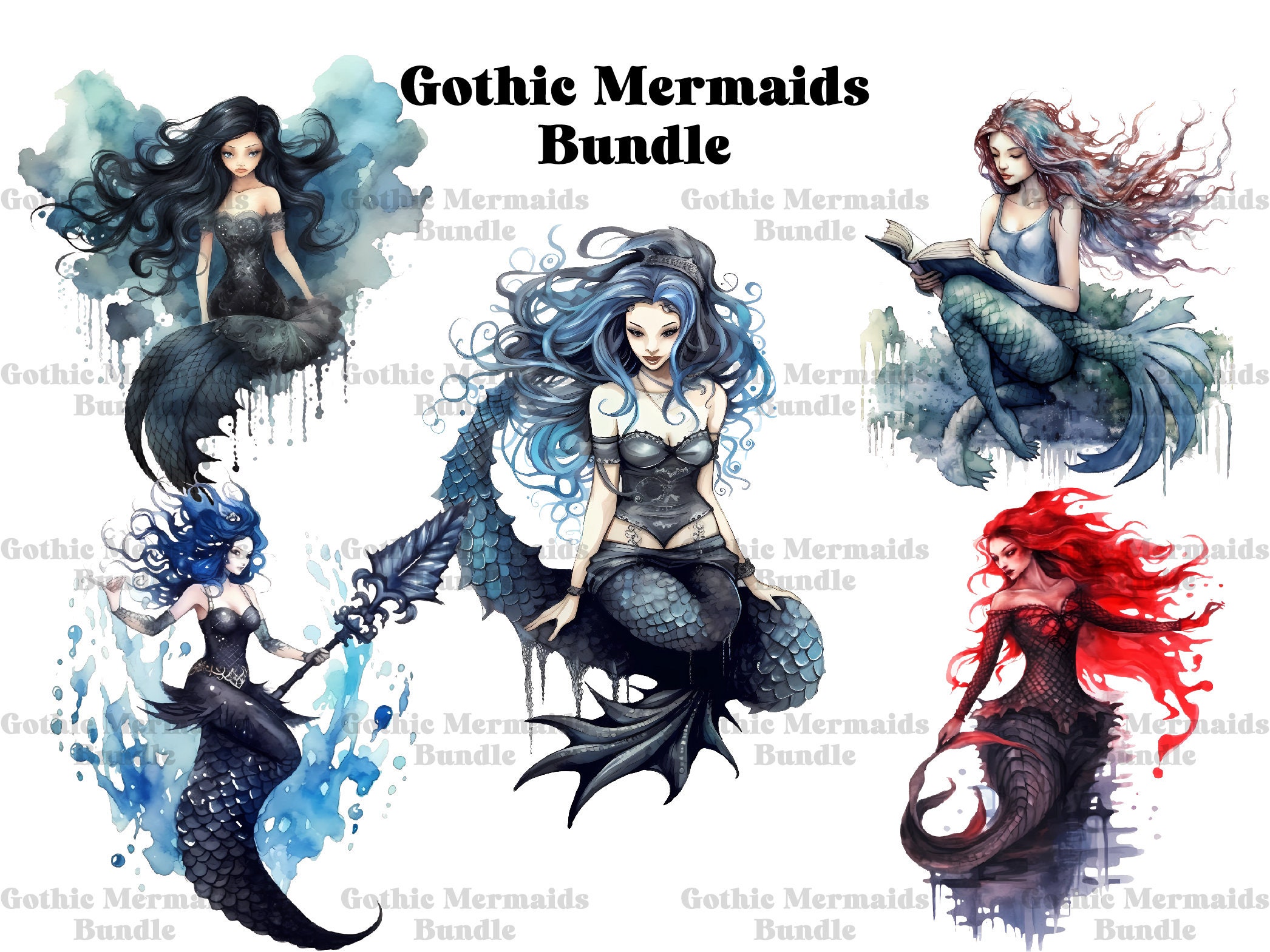 Gothic Mermaid Clipart Bundle 24 Gothic Mermaids as Watercolor Pngs ...
