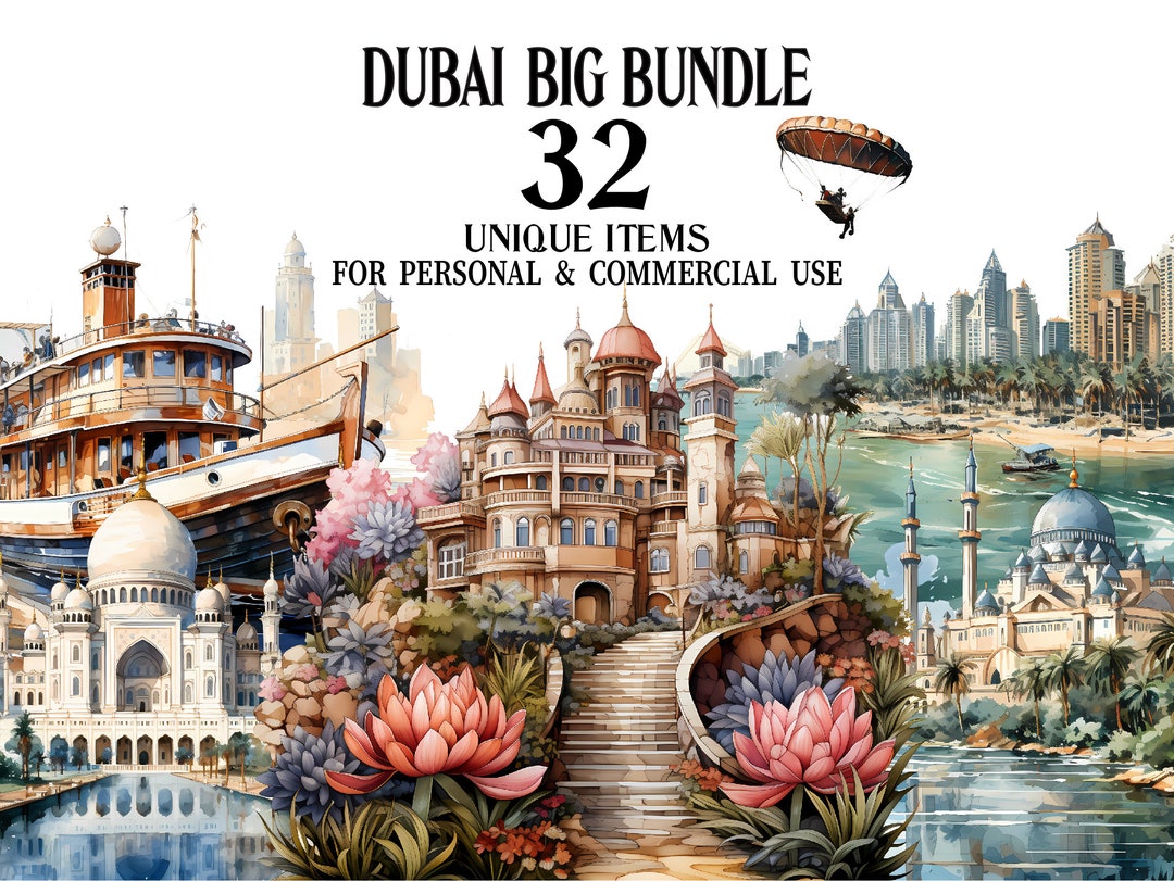 Dubai Clipart Bundle - 32 Travel Watercolor Pngs - Digital Drawings ...