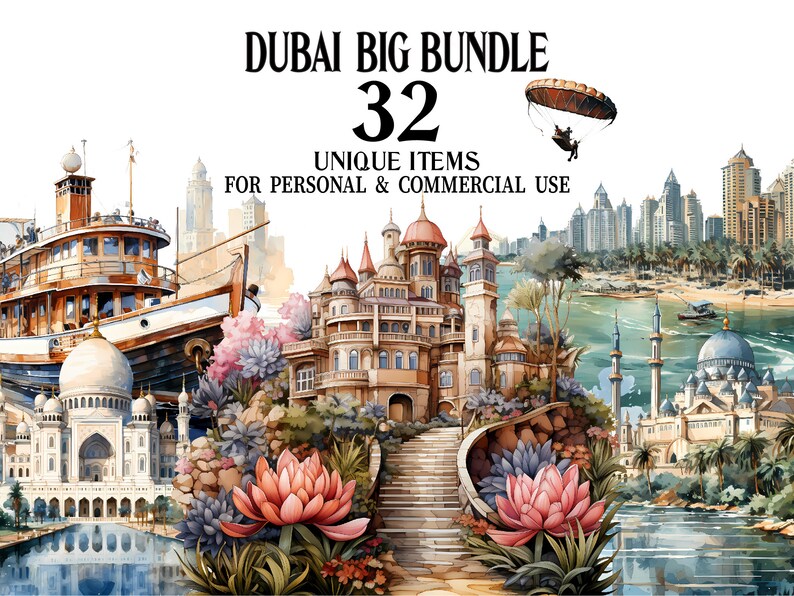 Dubai Clipart Bundle - 32 Travel Watercolor Pngs - Digital Drawings ...