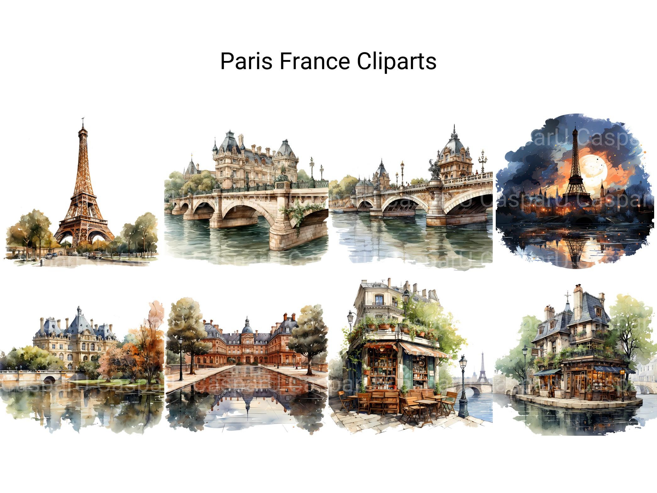 Paris France Clipart Bundle 58 Travel Watercolor Pngs Digital Drawings ...