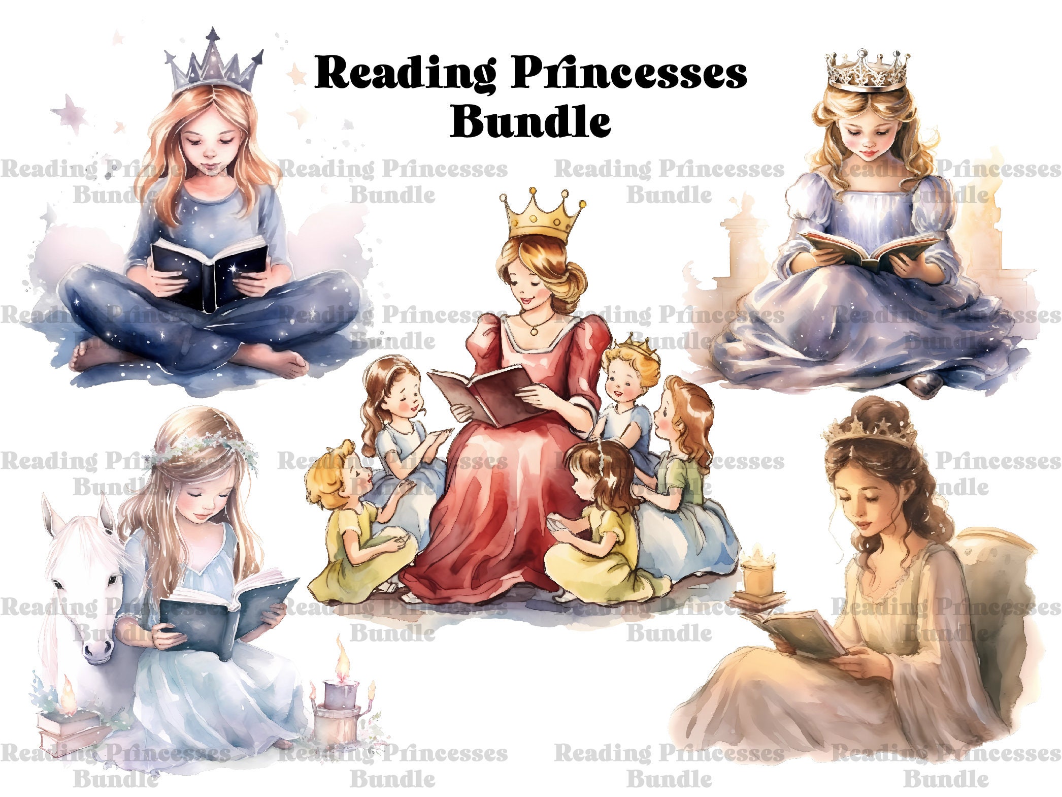 Reading Princess Clipart Bundle 17 Princesses Reading Books Pngs ...