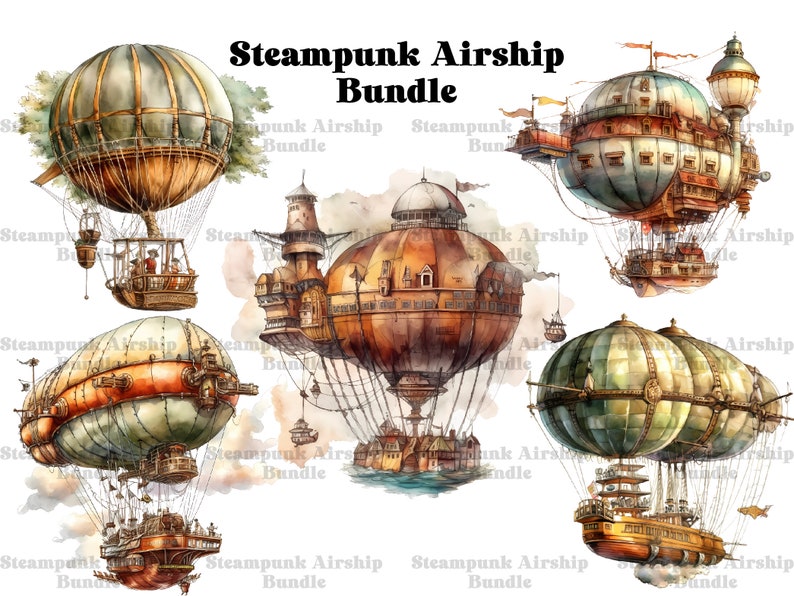 24 Steampunk Airships Clipart Bundle - Steampunk Zeppelin PNG - Clip ...