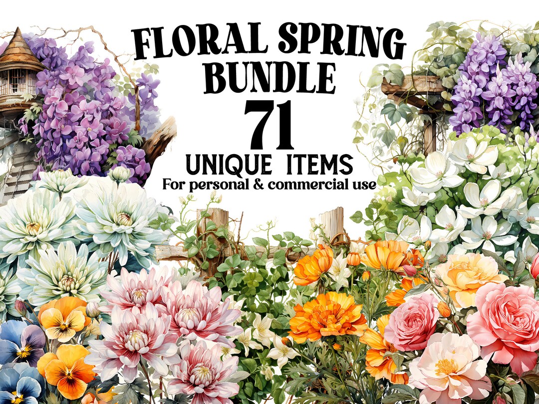 Floral Spring Clipart Bundle - 71 Watercolor Pngs - Digital Drawings ...