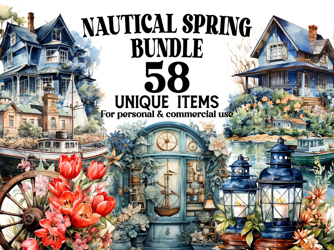 Nautical Spring Clipart Bundle - 58 Watercolor Pngs - Digital Drawings ...