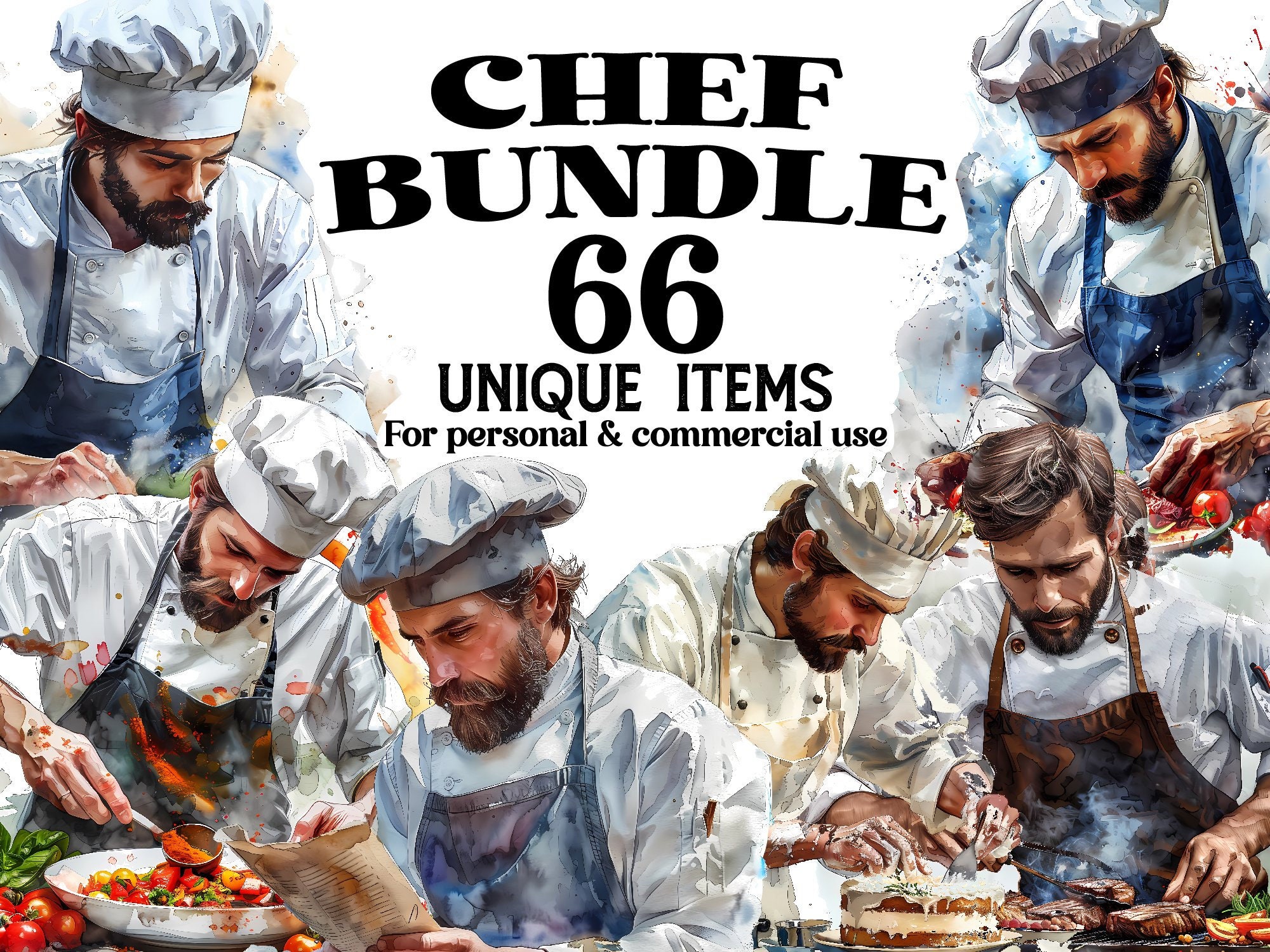 Chef Clipart Bundle - 66 Work Watercolor Pngs - Digital Drawings ...