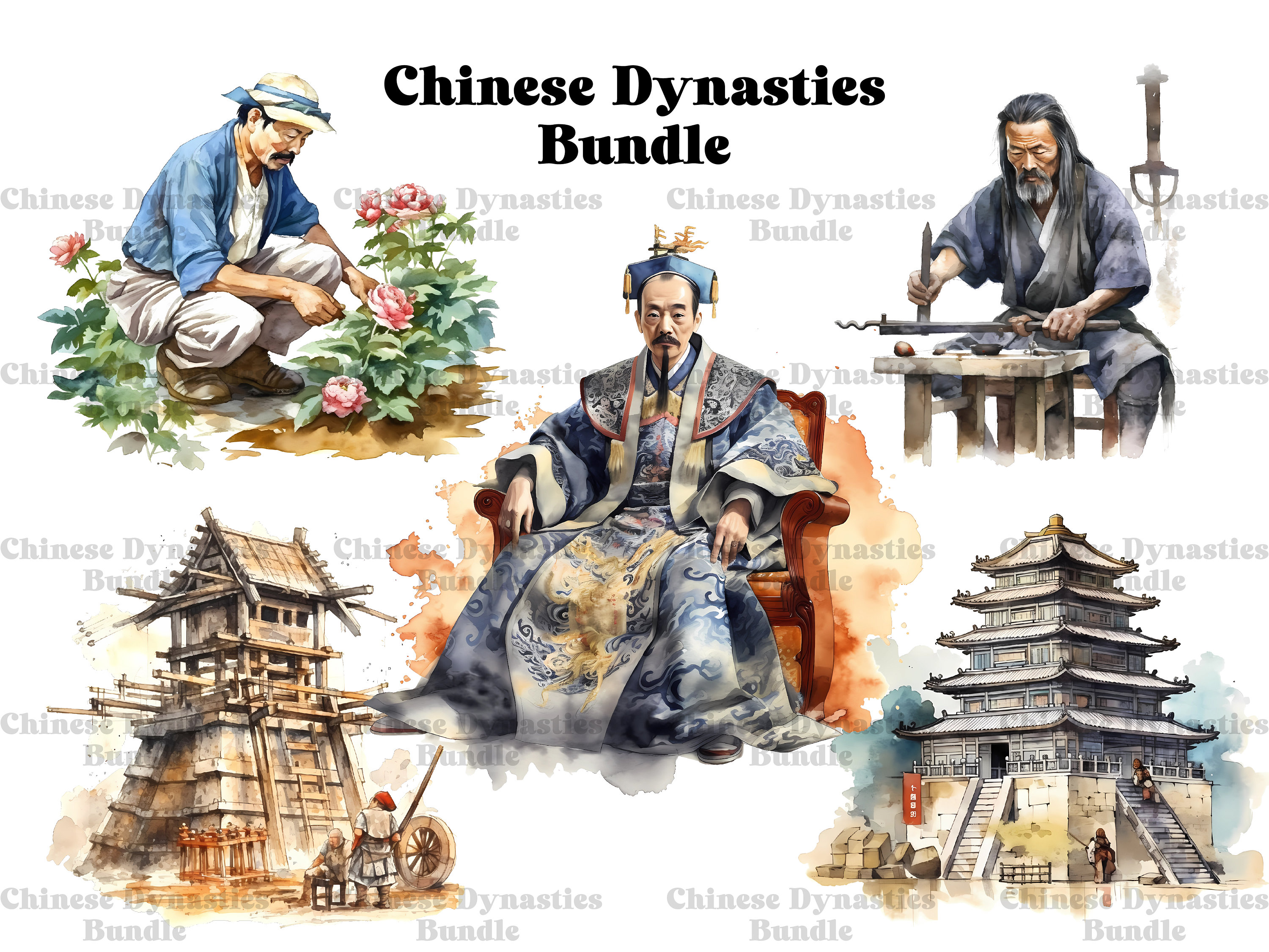Chinese Dynasties Clipart Bundle 30 Watercolor Chinese Culture Pngs ...