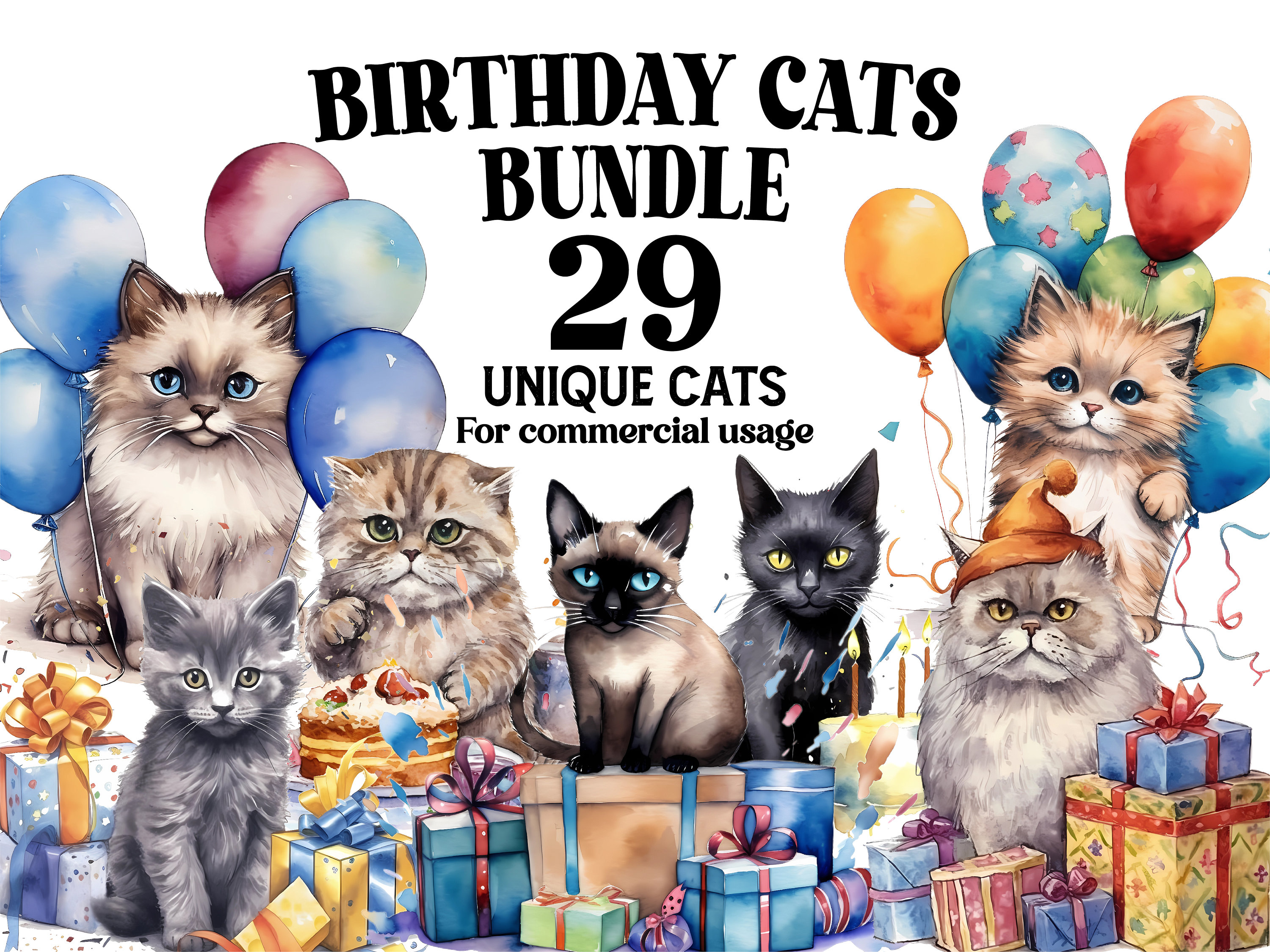 Birthday Cat Clipart Bundle 29 Cute Cats as Watercolor Pngs - Etsy