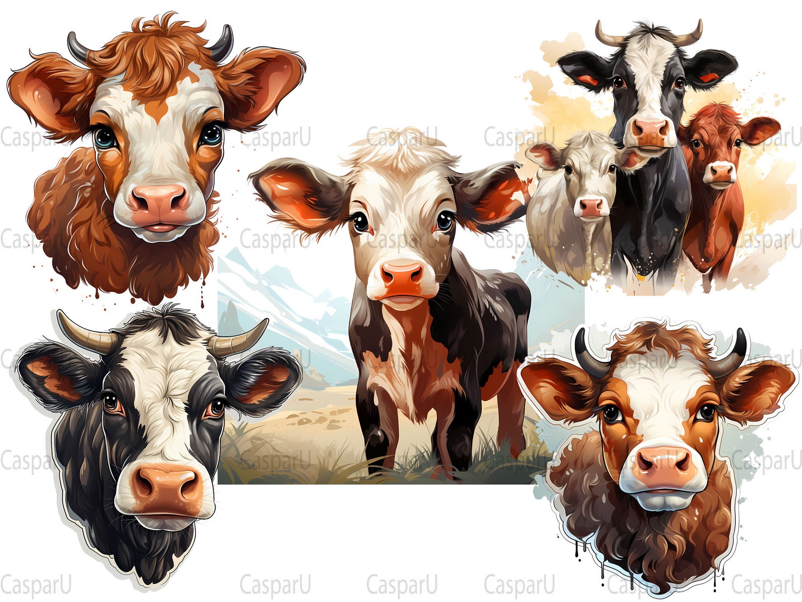 Cute Cow Clipart Big Bundle - 41 Cows Watercolor Pngs - Digital ...
