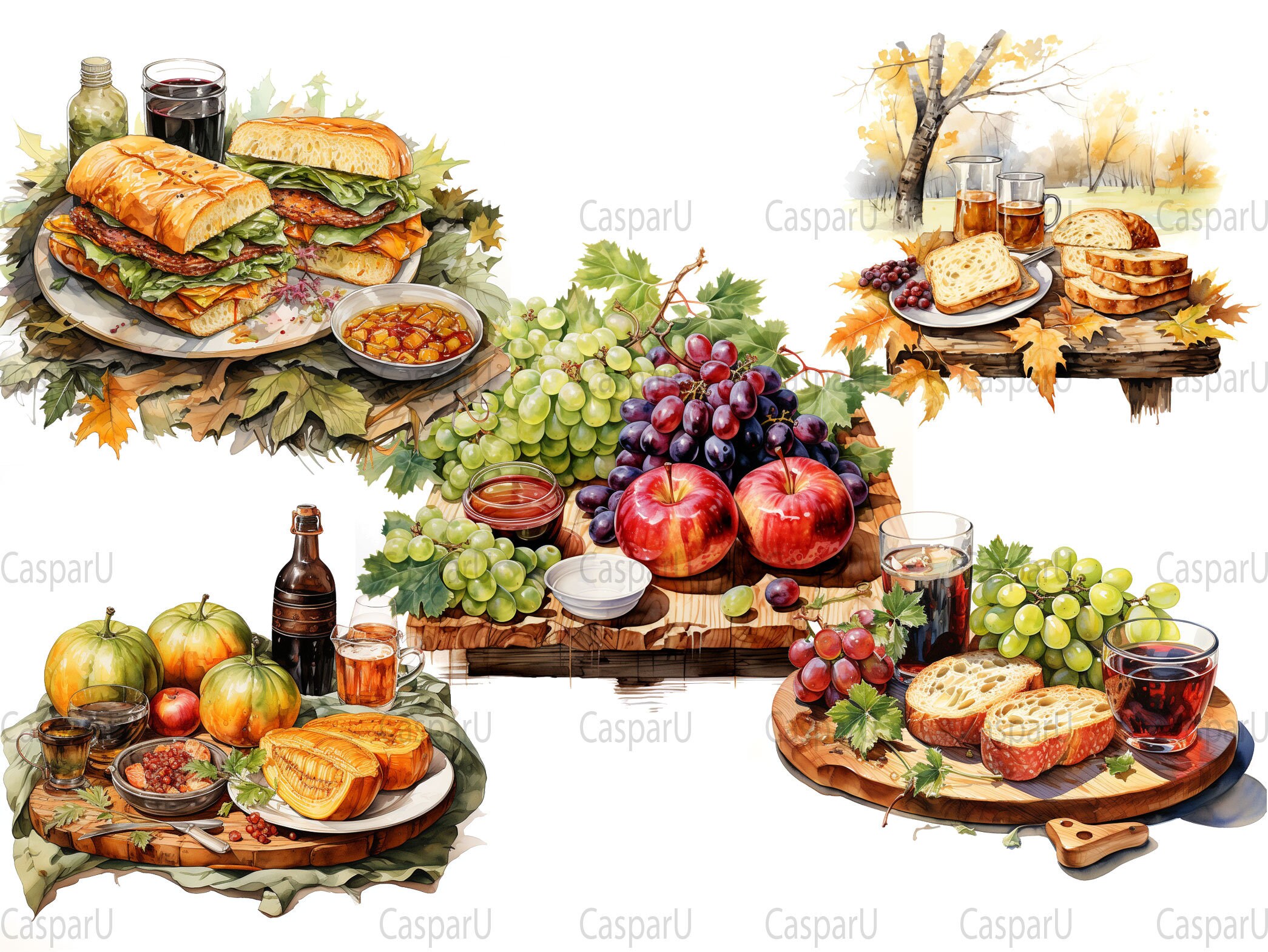 Fall Picnics Clipart Big Bundle 34 Watercolor Autumn Picnics Pngs ...