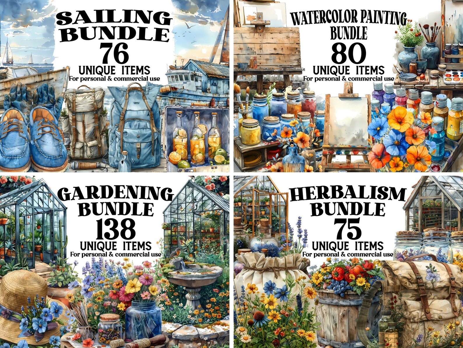 MEGA Hobbies & Craft Clipart Bundle 2150 Activity Watercolor Pngs ...