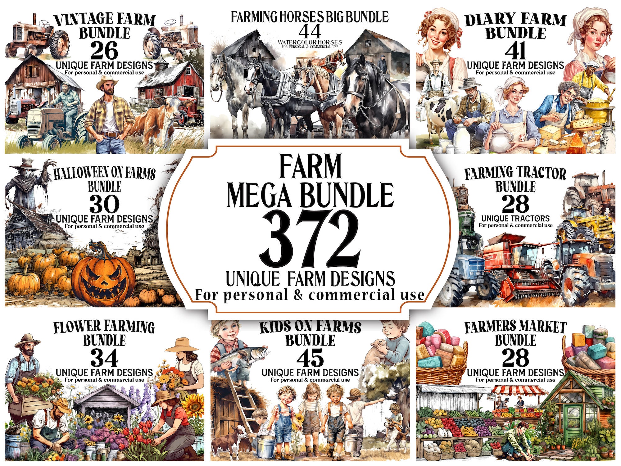 Farm Mega Bundle 372 Farmer Designs as Watercolor Pngs Ultimate Farming ...