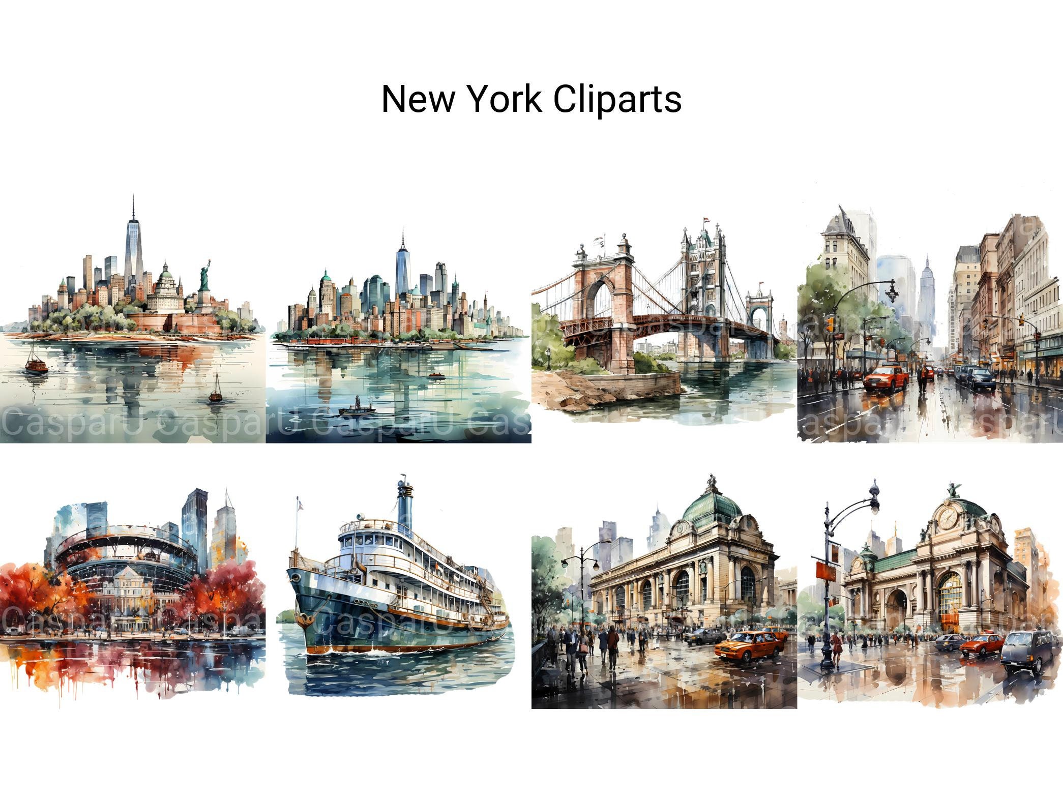 New York Clipart Bundle - 43 Travel Watercolor Pngs - Digital Drawings ...