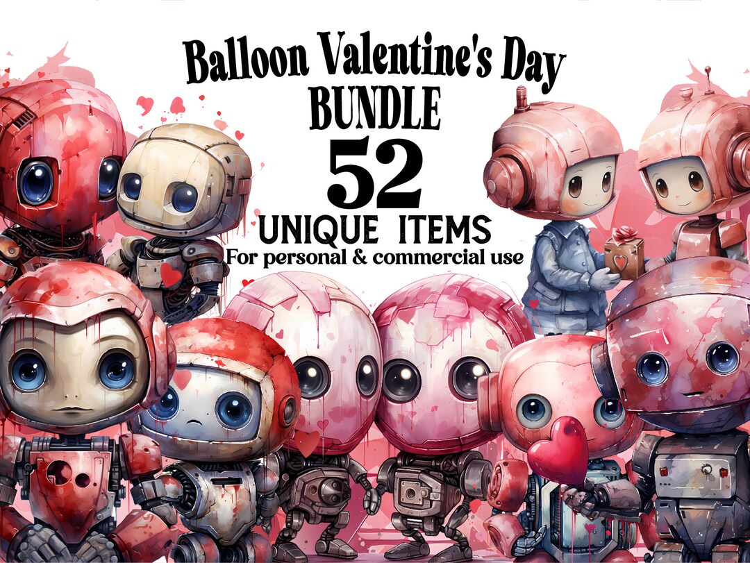 Valentines' Day Robots Clipart Bundle 52 Watercolor Pngs Digital ...