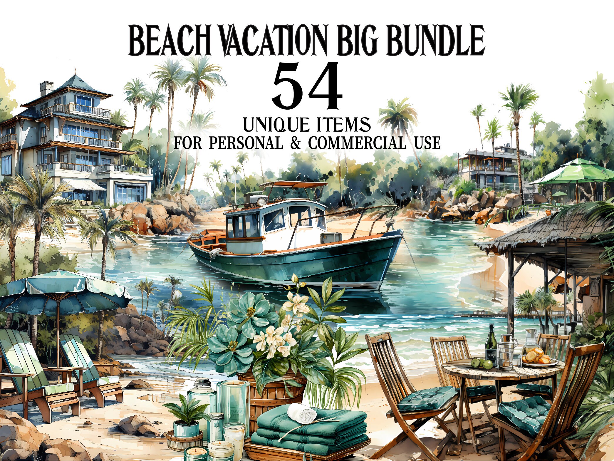 Beach Vacation Clipart Bundle 54 Travel Watercolor Pngs Digital ...