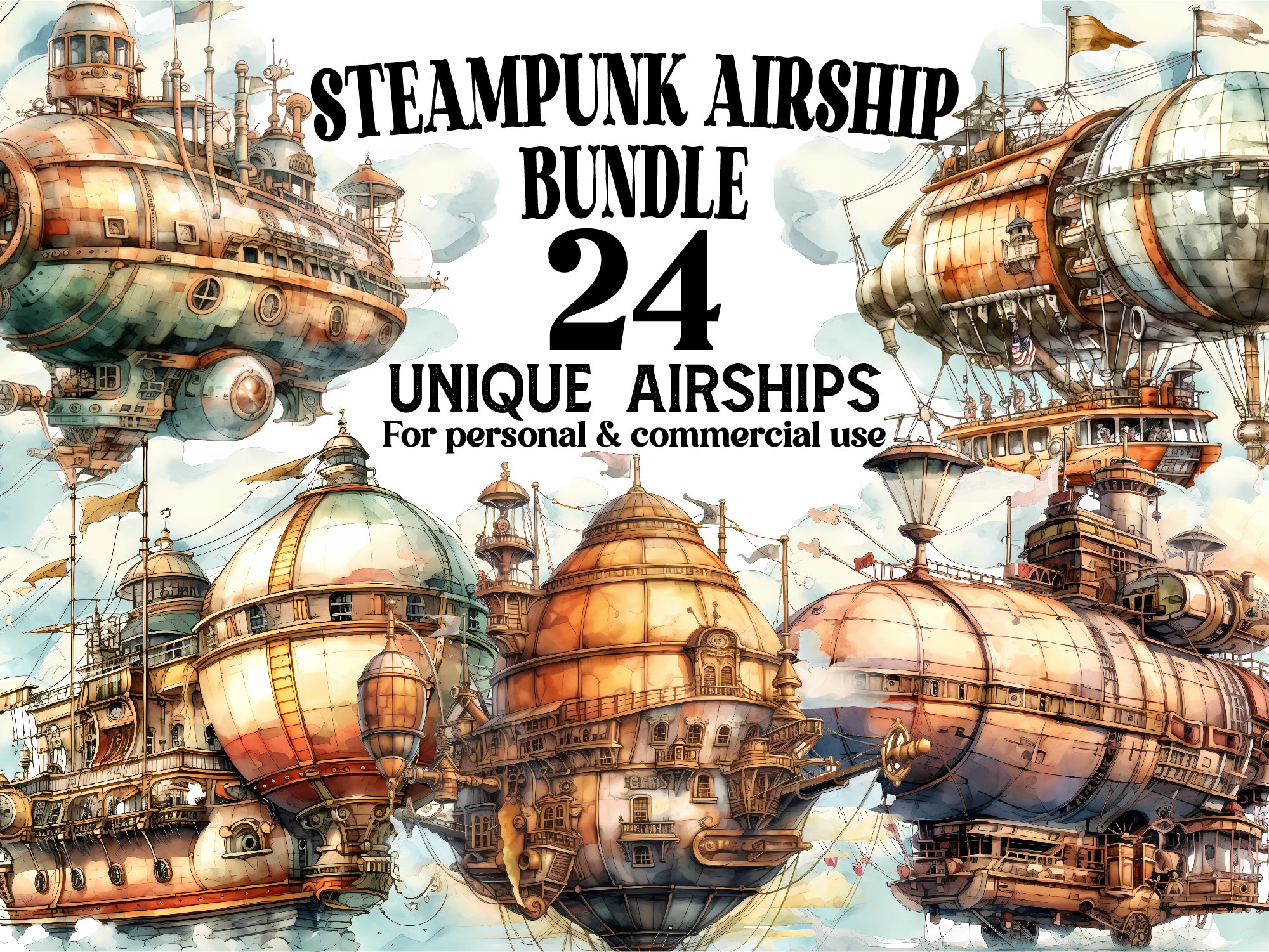 24 Steampunk Airships Clipart Bundle - Steampunk Zeppelin PNG - Clip Art for Home Decor ...