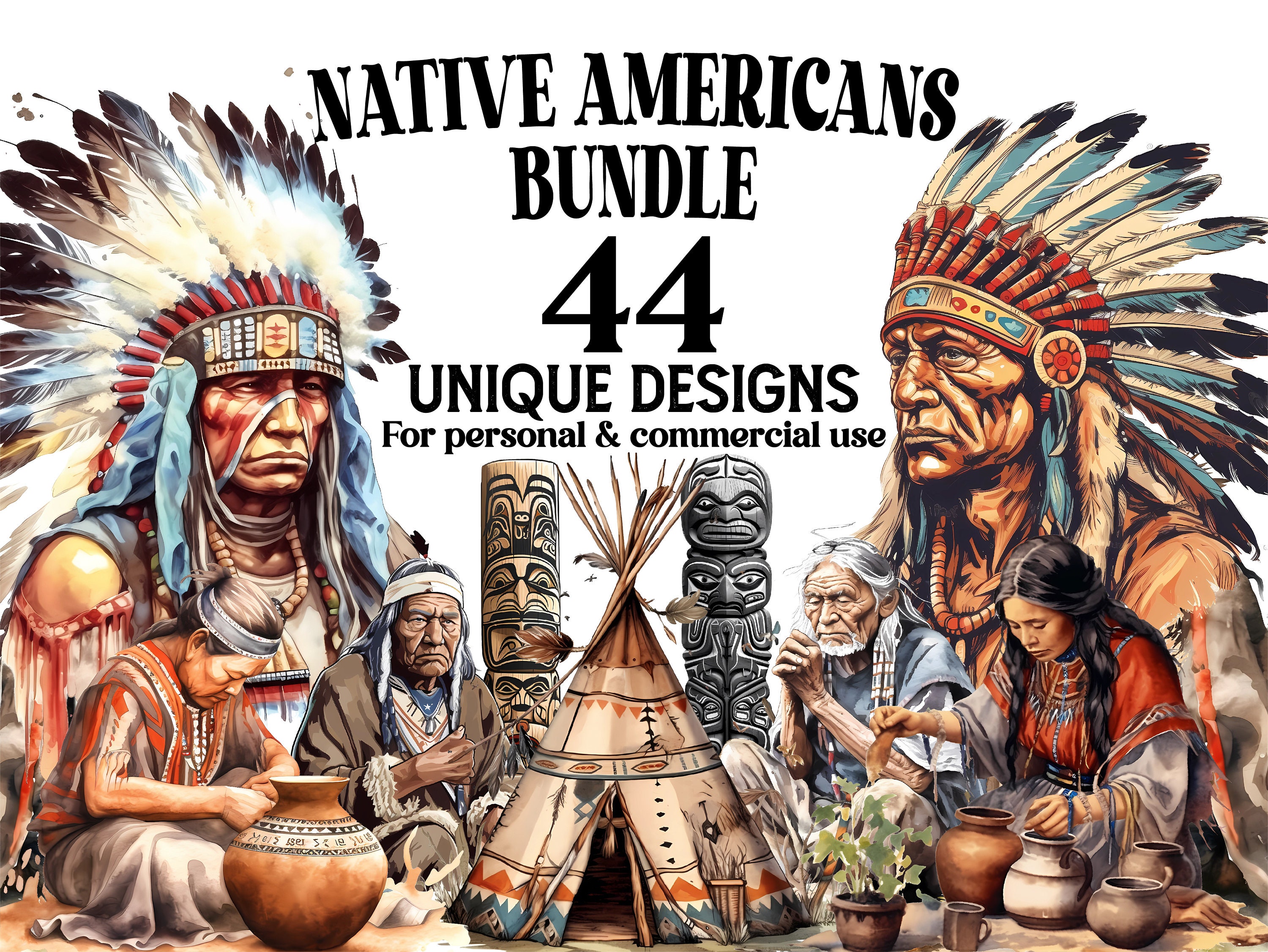 Native Americans Clipart Big Bundle - 44 Watercolor Native Americans ...