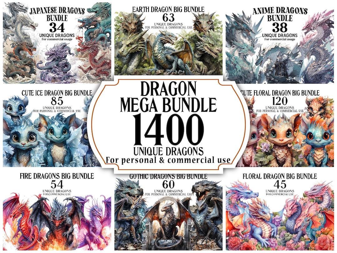 MEGA Dragon Bundle - 1400 Dragons as Watercolor Pngs - Ultimate Dragon ...