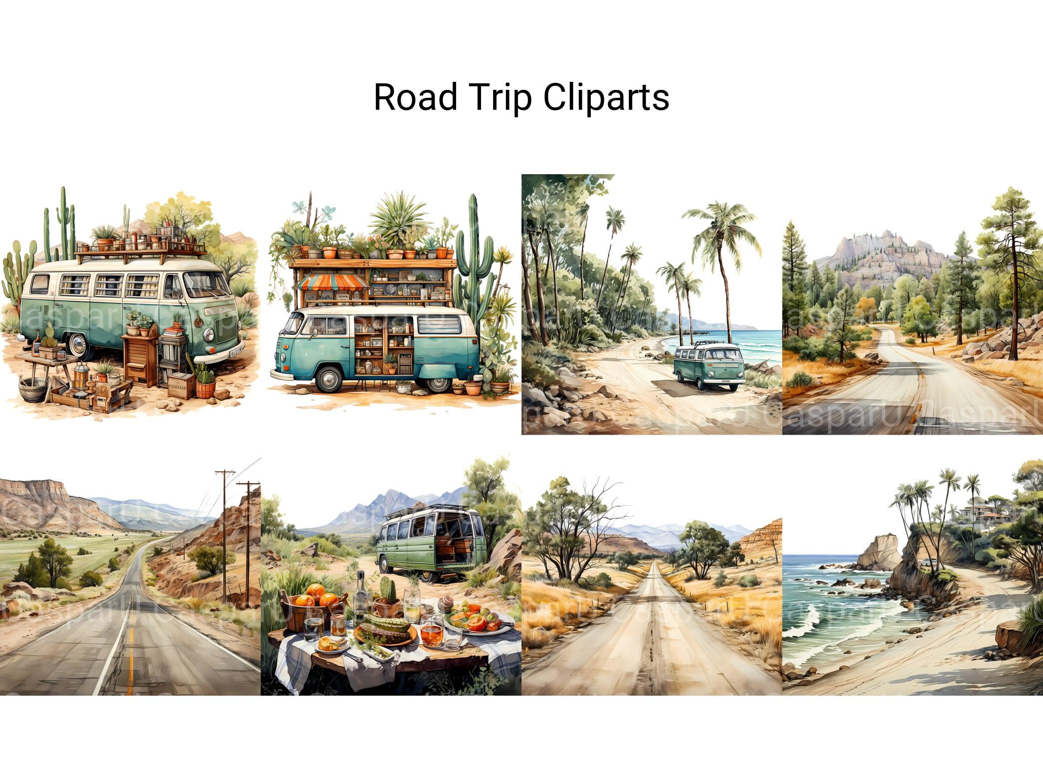 Road Trip Clipart Bundle 43 Travel Watercolor Pngs Digital Drawings ...