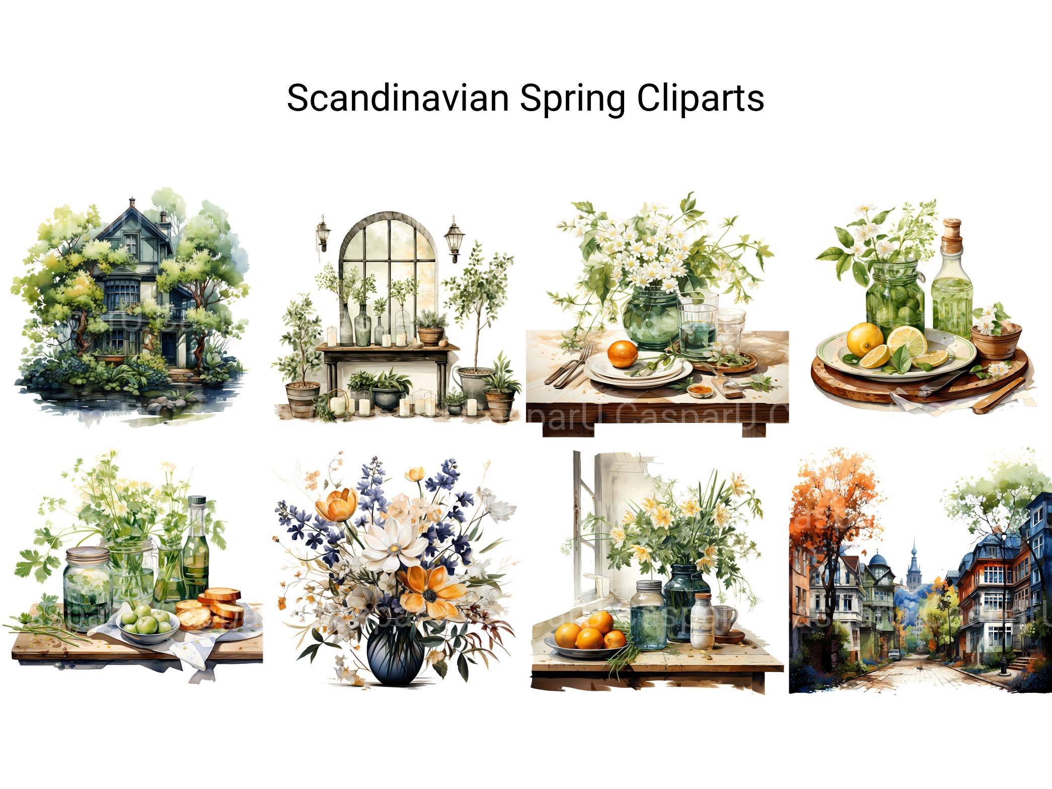 Scandinavian Spring Clipart Bundle 46 Watercolor Pngs Digital Drawings ...