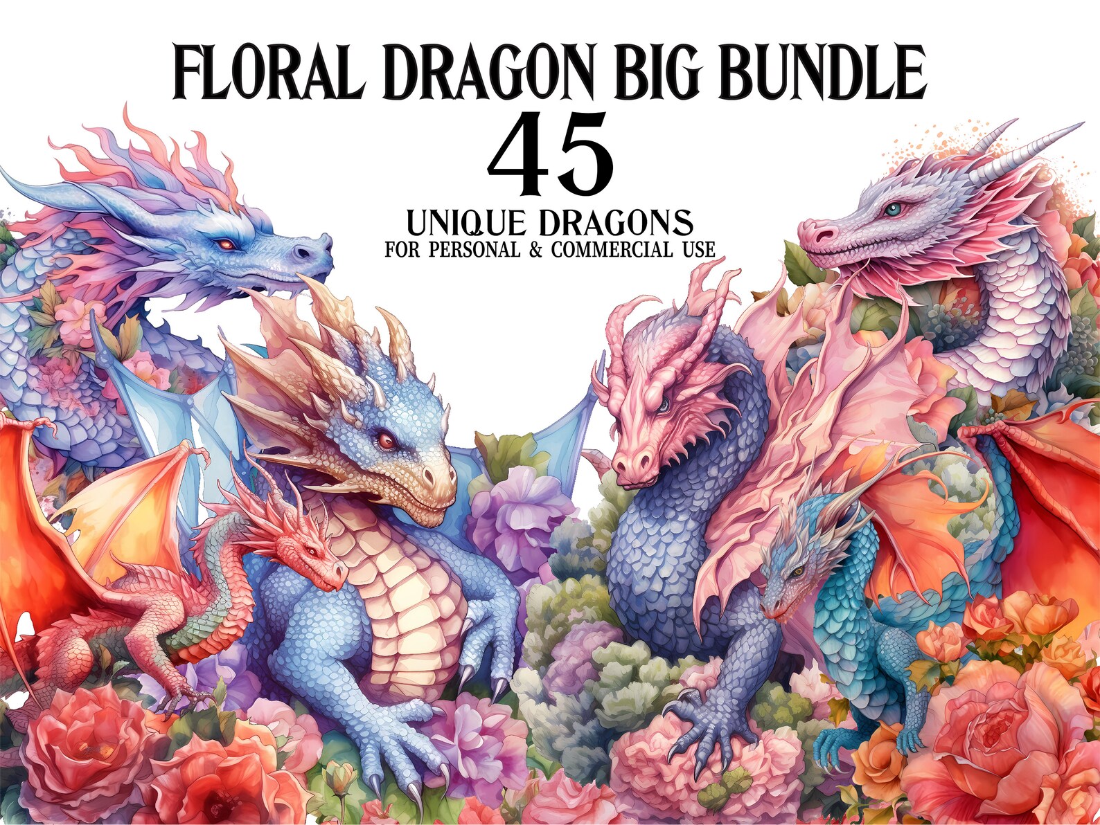 Floral Dragon Clipart Big Bundle 45 Flowers Dragons Pngs With ...