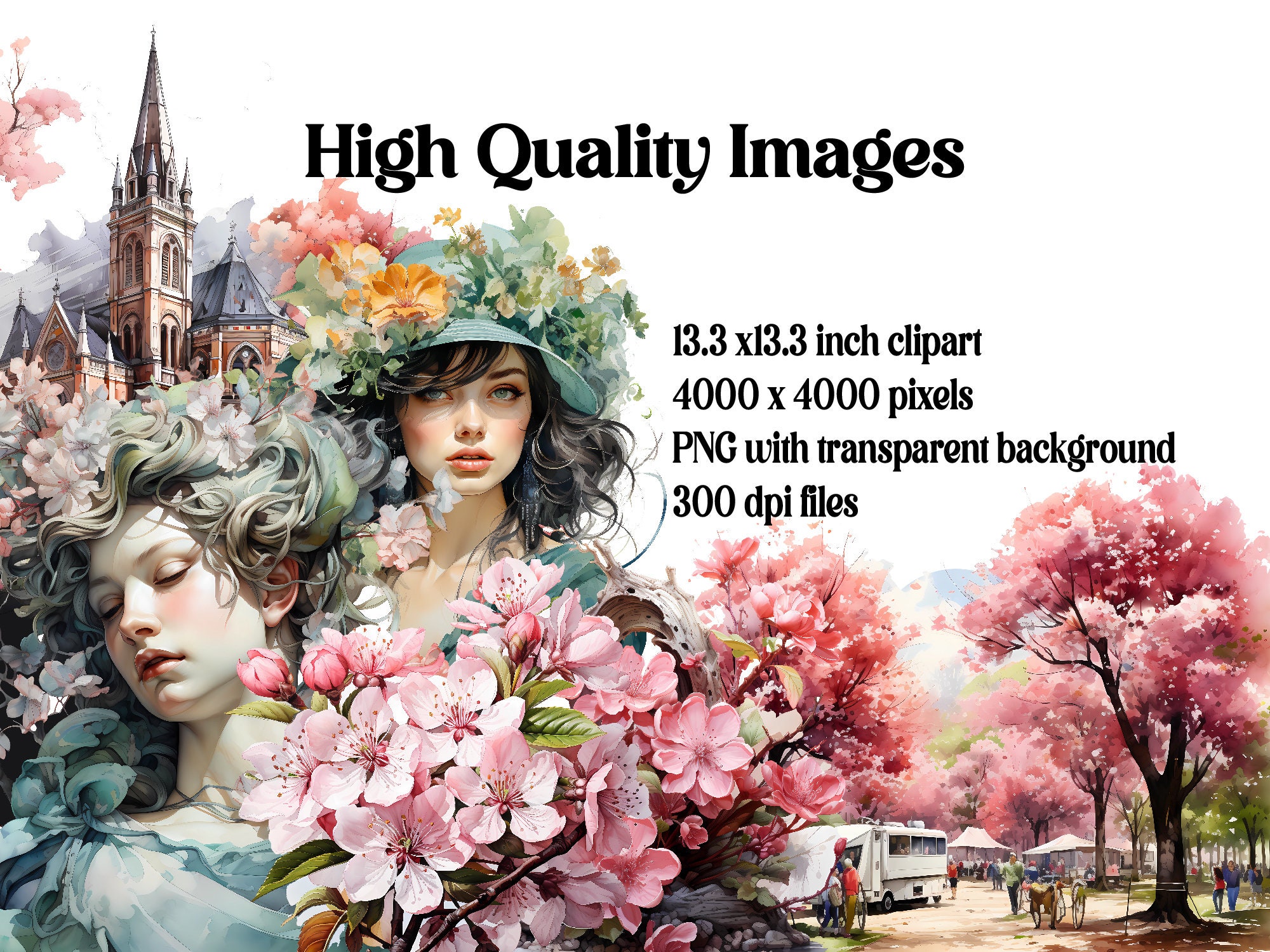 Fine Art Spring Clipart Bundle - 58 Watercolor Pngs - Digital Drawings ...