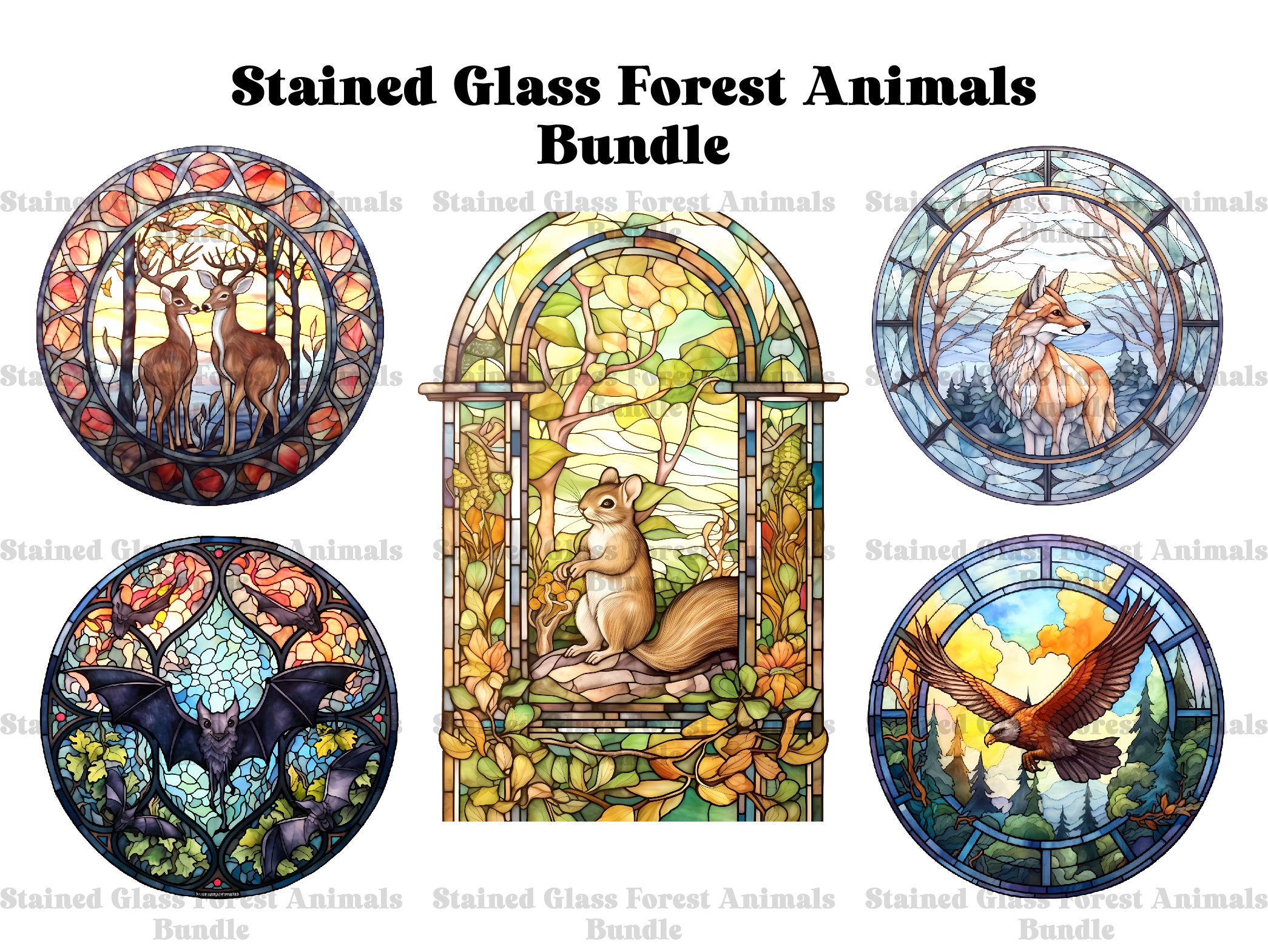 Forest Animal Stained Window Clipart Big Bundle 41 Stained Glass Pngs ...