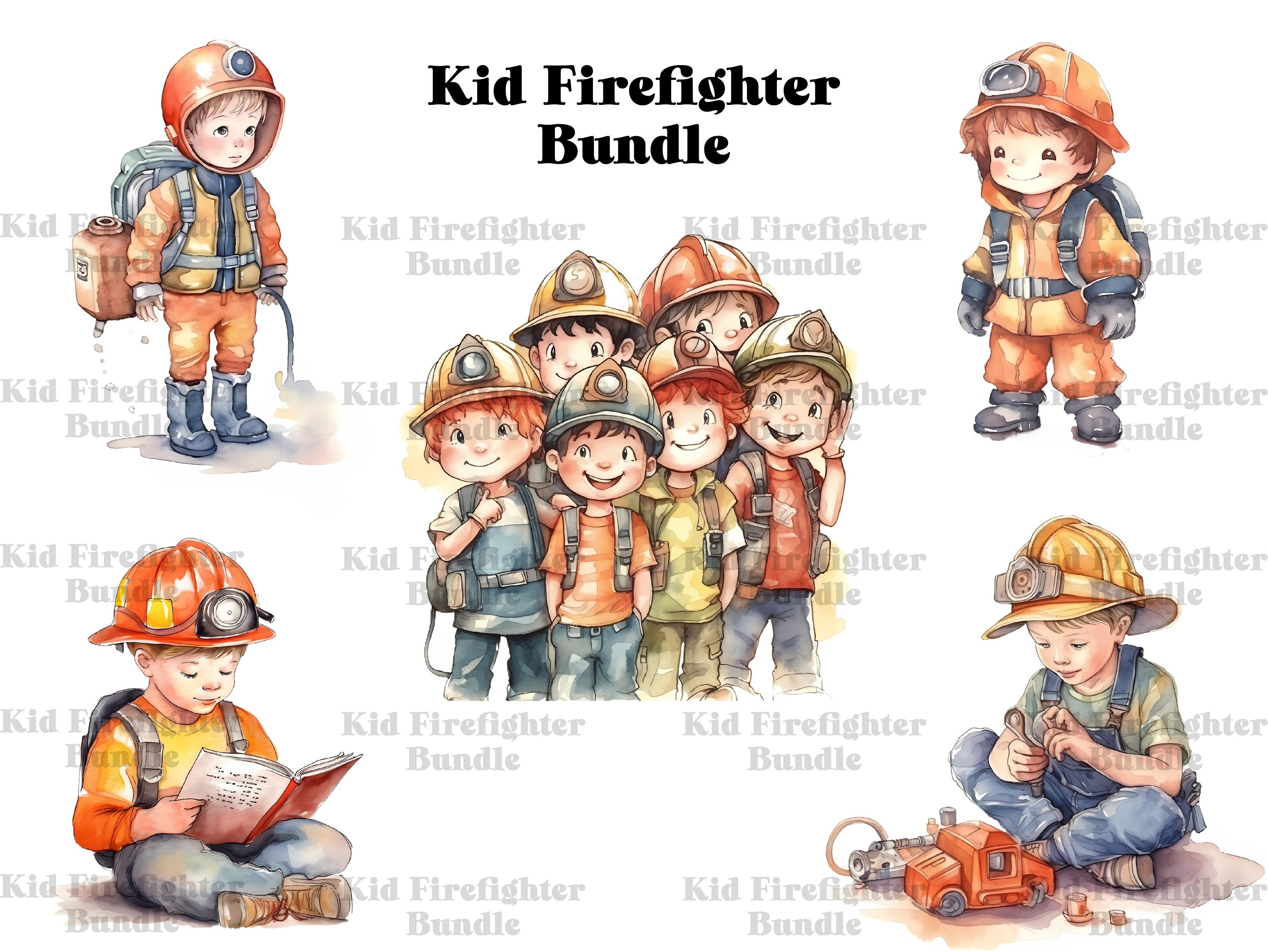 Kid Firefighter Clipart Bundle 21 Watercolor Junior Fire Rescue Pngs ...