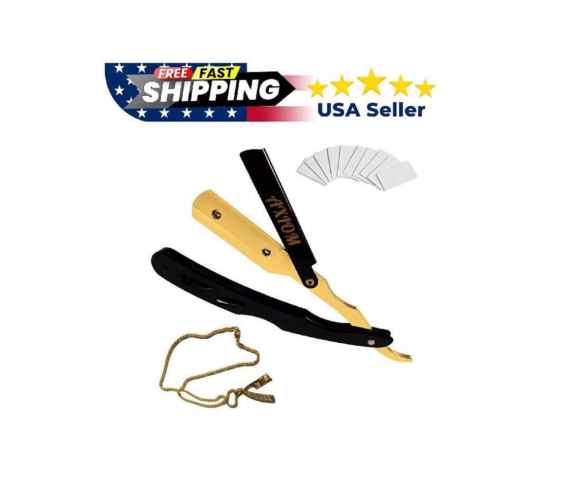 30 Blades + Classic Stainless Steel Straight Edge Barber Razor Salon ...