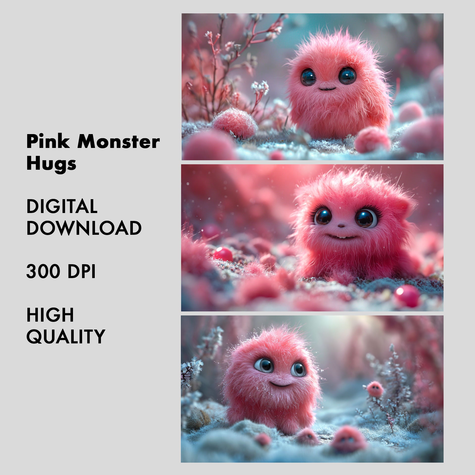Pink Monster Print, Set of 3, Pink Monster Wall Art, Decor Posters ...