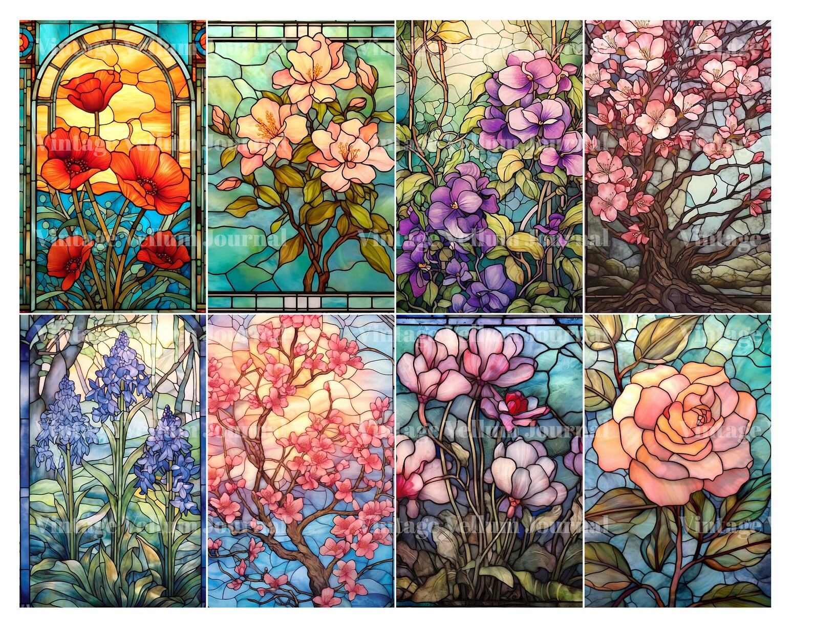 40 Flower Stained Glass Junk Journal Pages - Printable Floral Stained ...