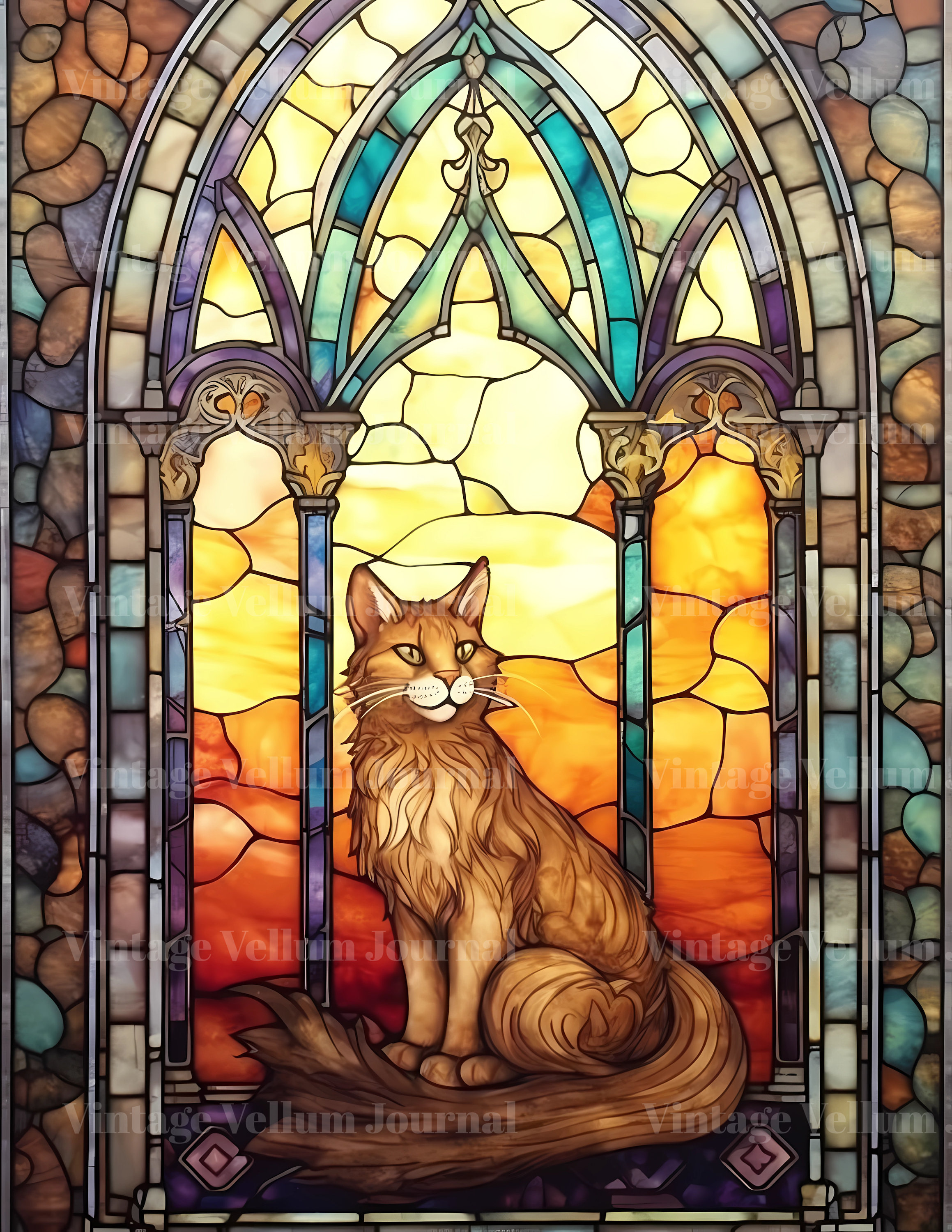 30 Cat Stained Glass Junk Journal Pages - Printable Cats Stained Glass ...