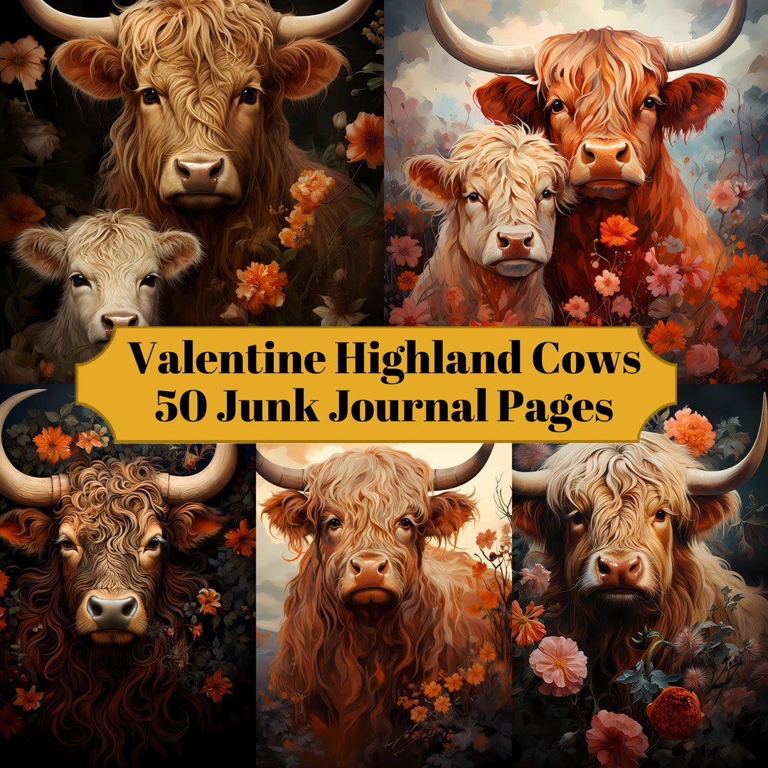 Highland Cows Valentine's Day Junk Journal Pages 50 Romantic Junk ...
