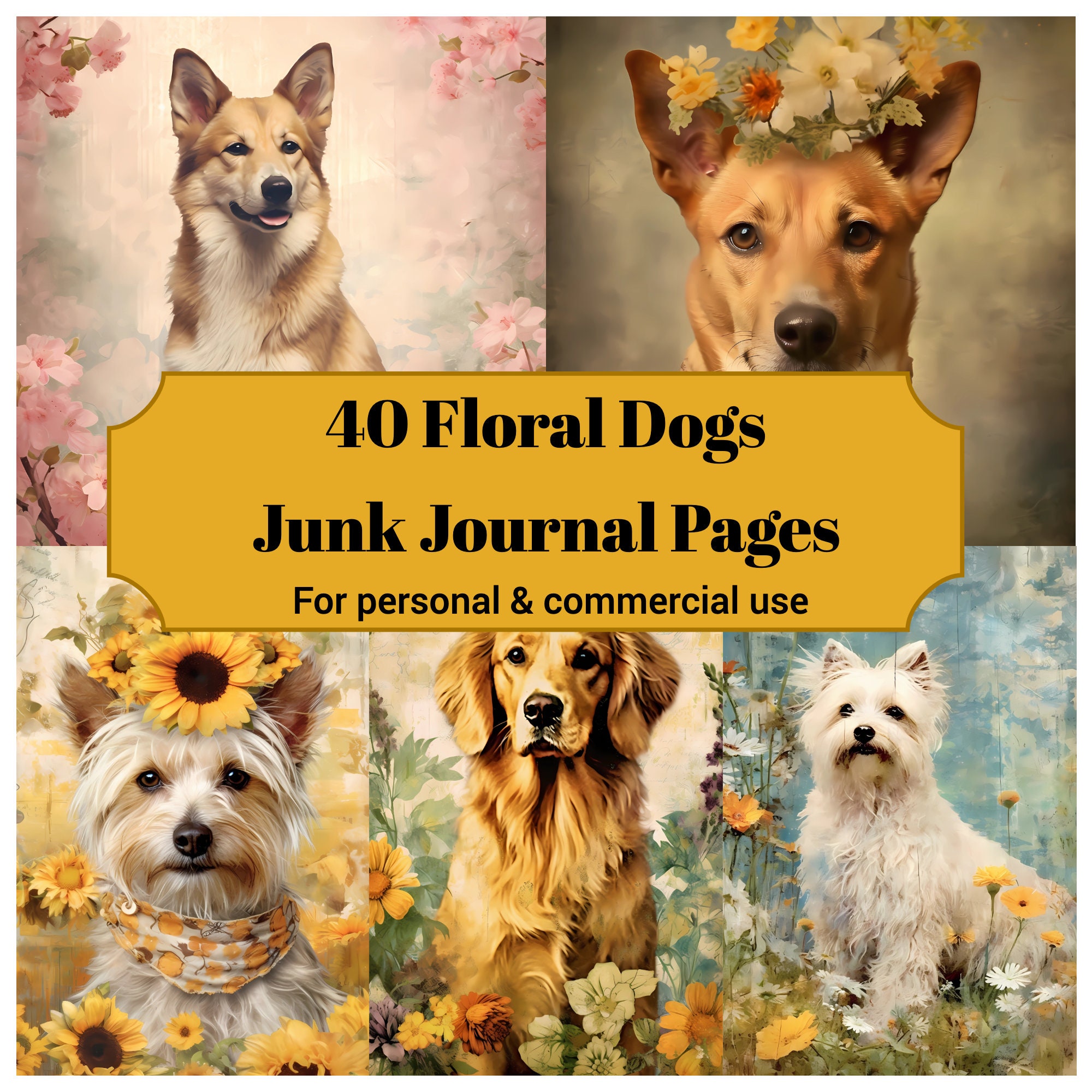 40 Flower Dog Junk Journal Pages - Printable Floral Dogs Junk Journal ...