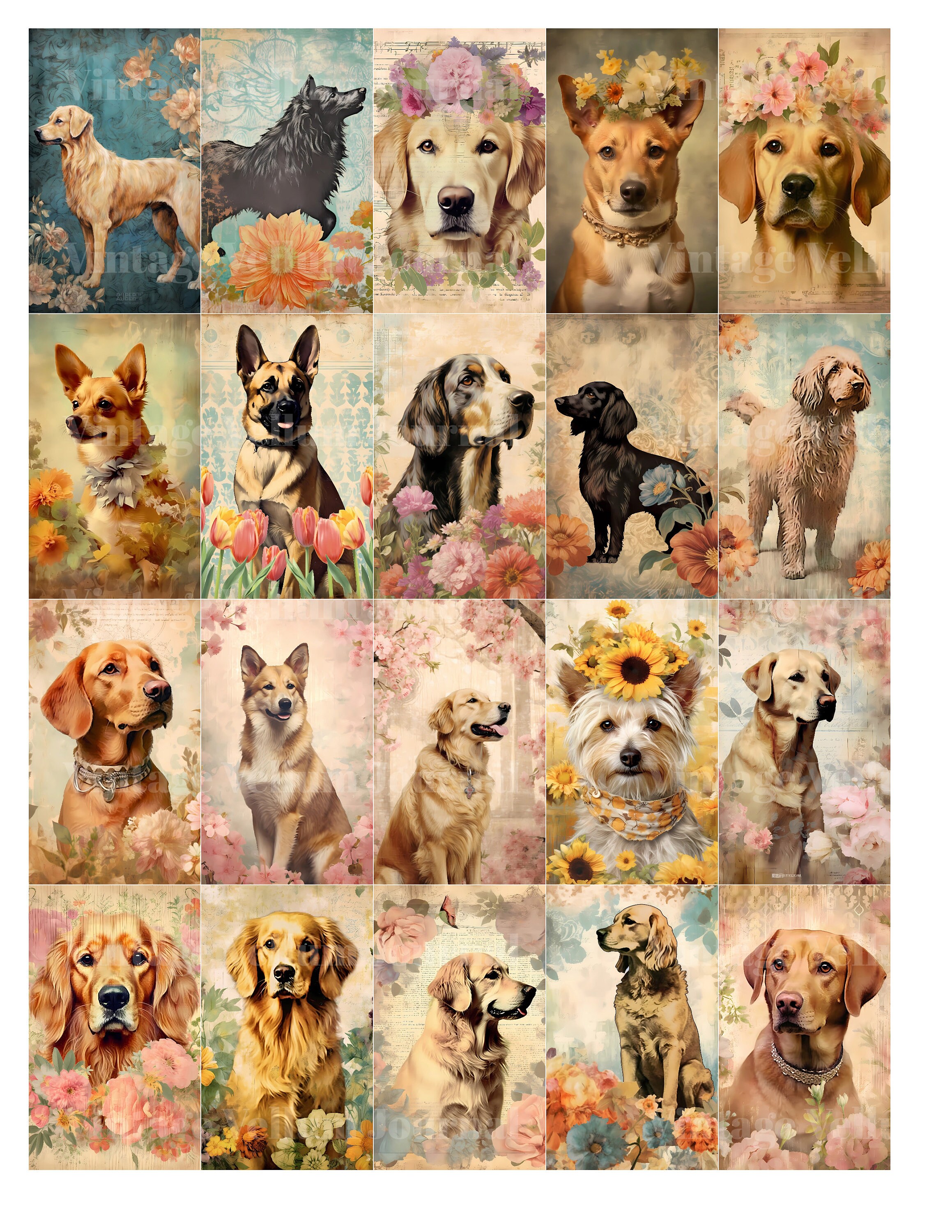 40 Flower Dog Junk Journal Pages - Printable Floral Dogs Junk Journal ...