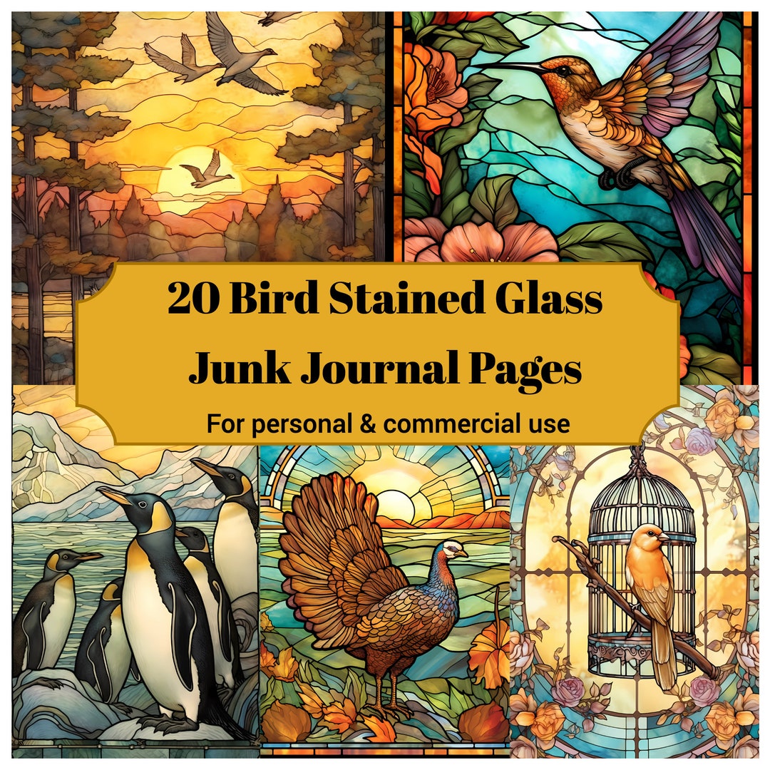 20 Bird Stained Glass Junk Journal Pages - Printable Birds Stained ...